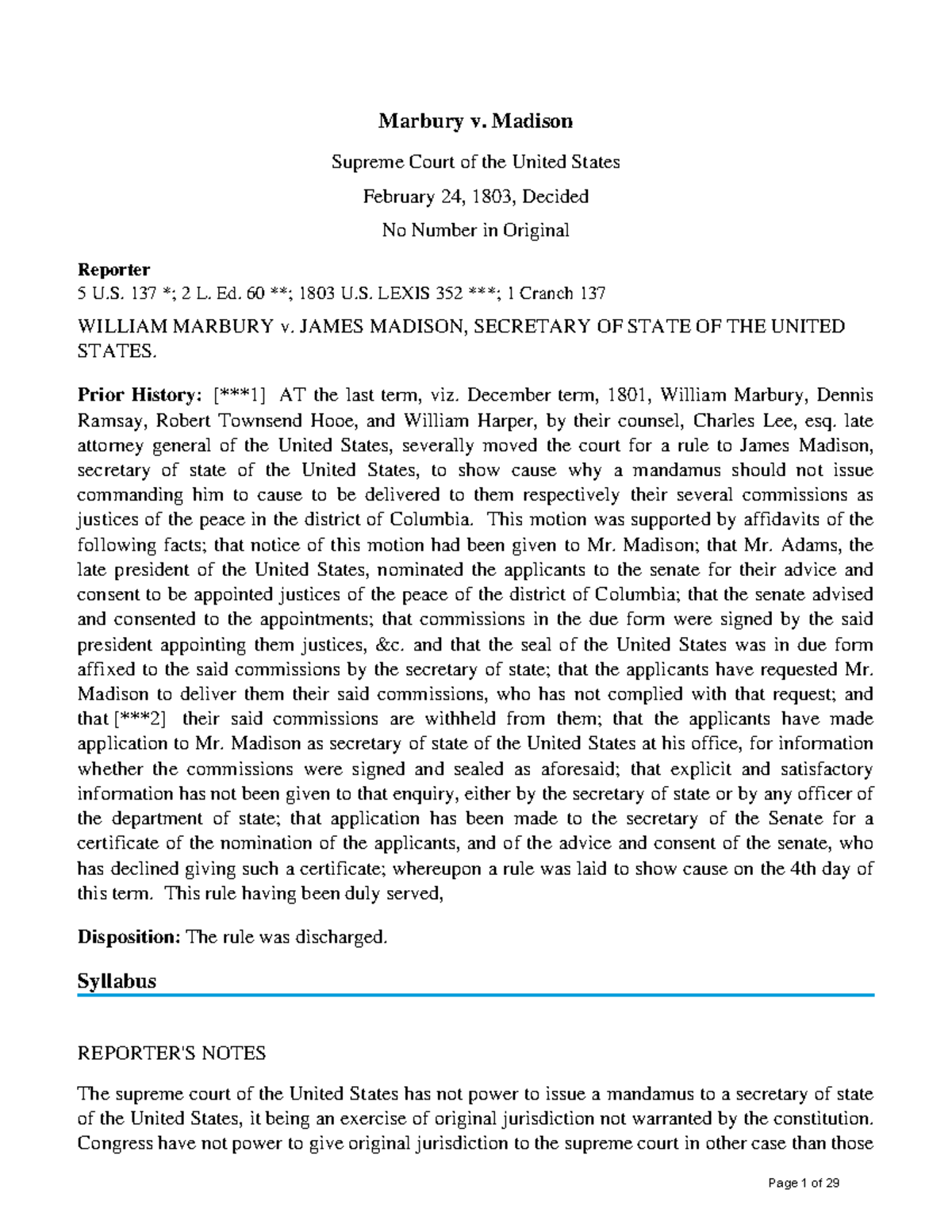 Marbury v. Madison: Supreme Court Case Analysis (5 U.S. 137) - Studocu