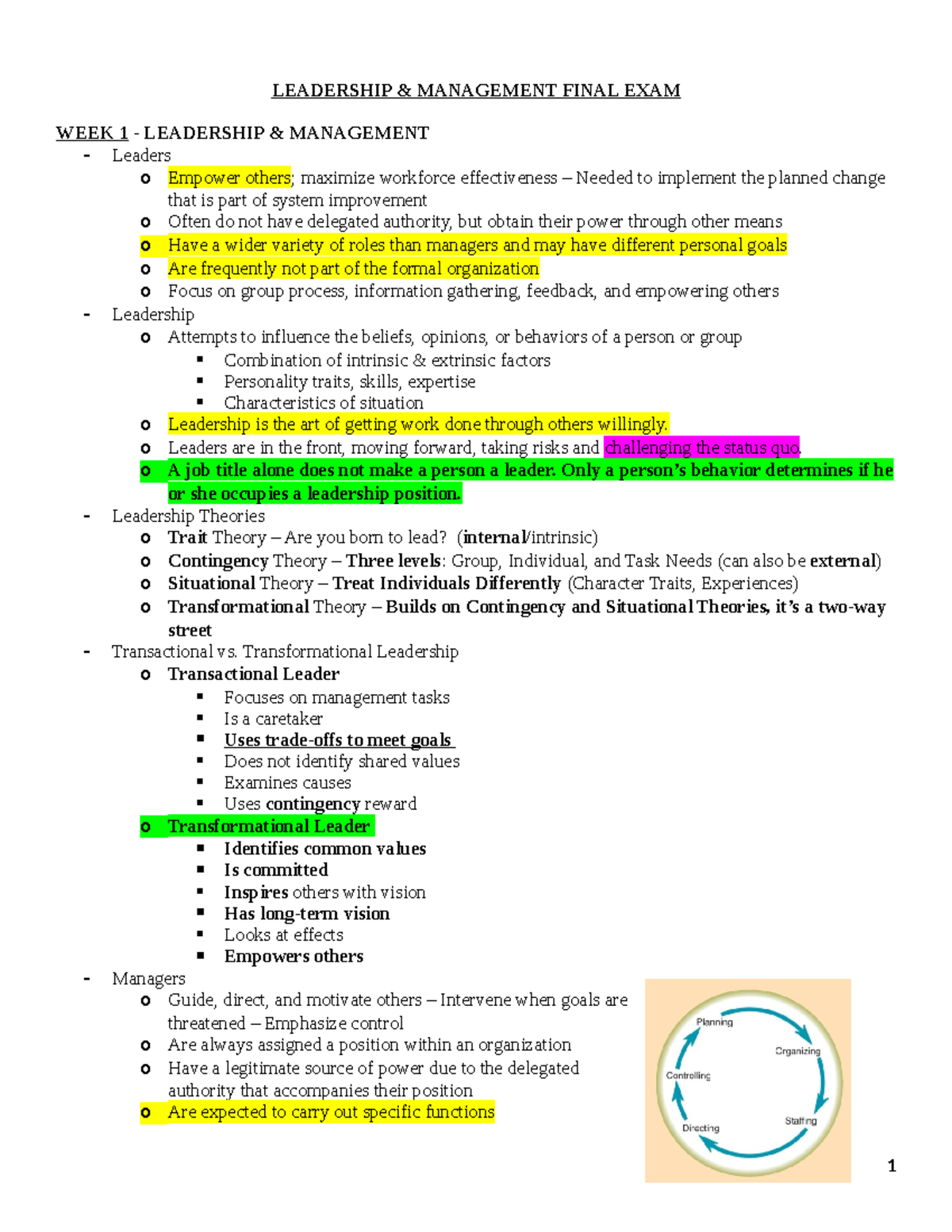 Final Exam Study Guide: Leadership & Management (Course LEAD301) - Studocu