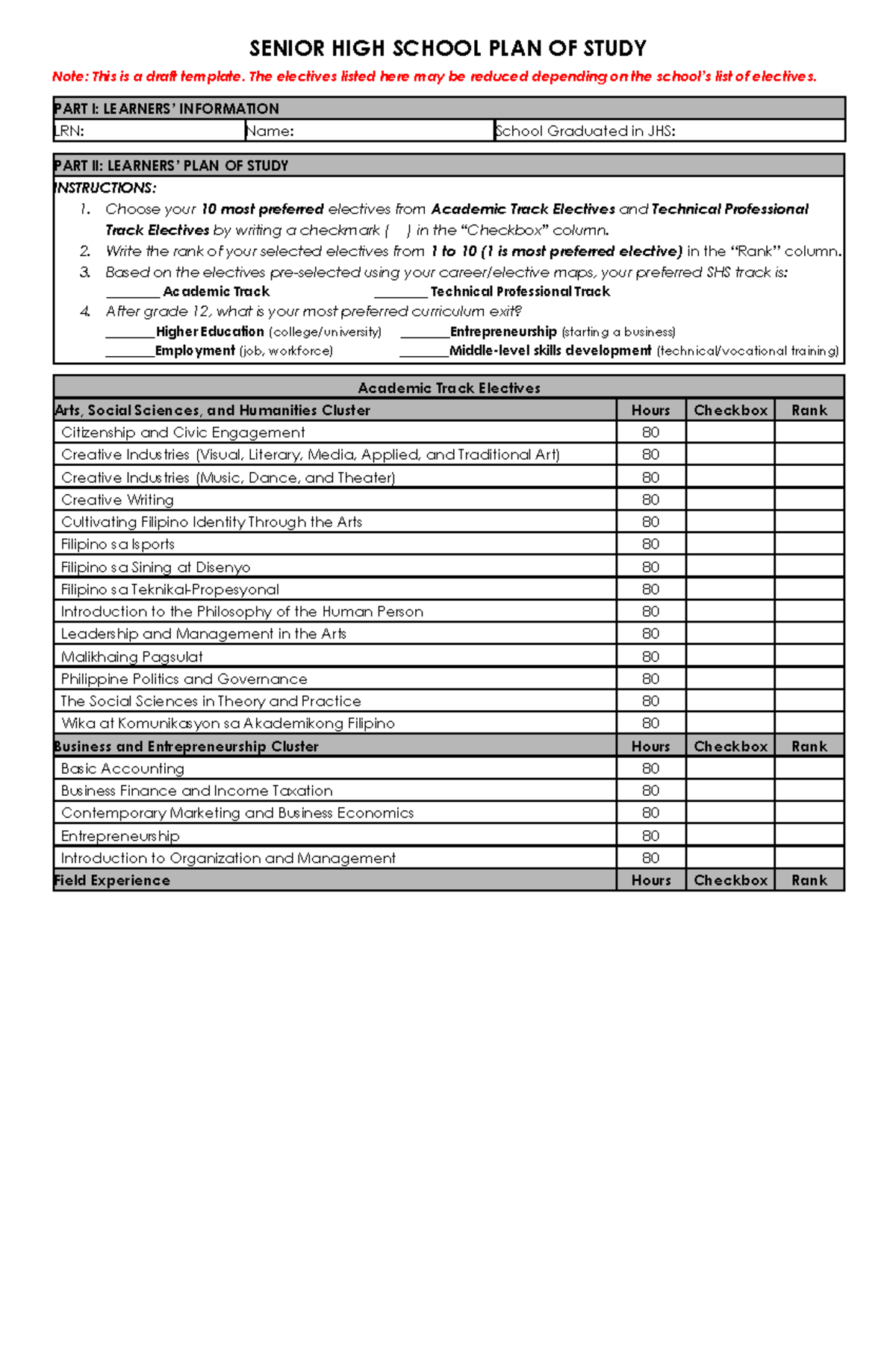 SHS Plan of Study Template: Elective Selection Guide - Studocu