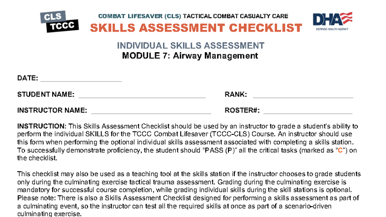 Combat Lifesaver (CLS) Skills Assessment Checklist: Airway Management ...