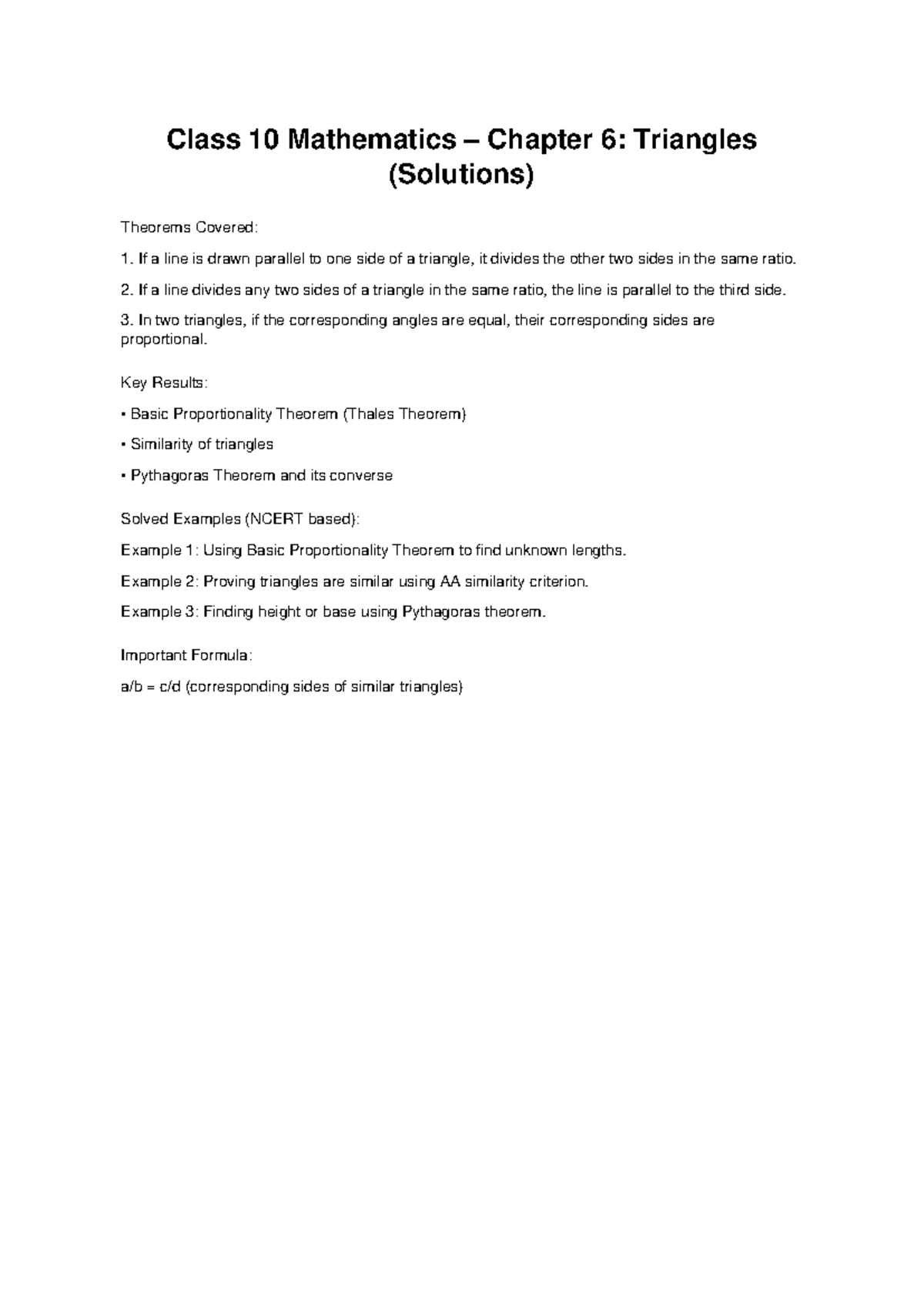 Class 10 Maths Chapter 6: Triangles - Solutions & Theorems - Studocu