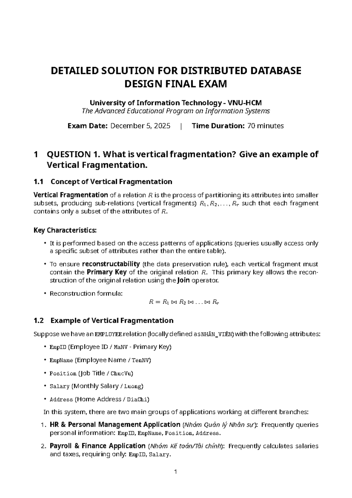 DDB 2025 Final Exam Solutions: Vertical Fragmentation Explained - Studocu