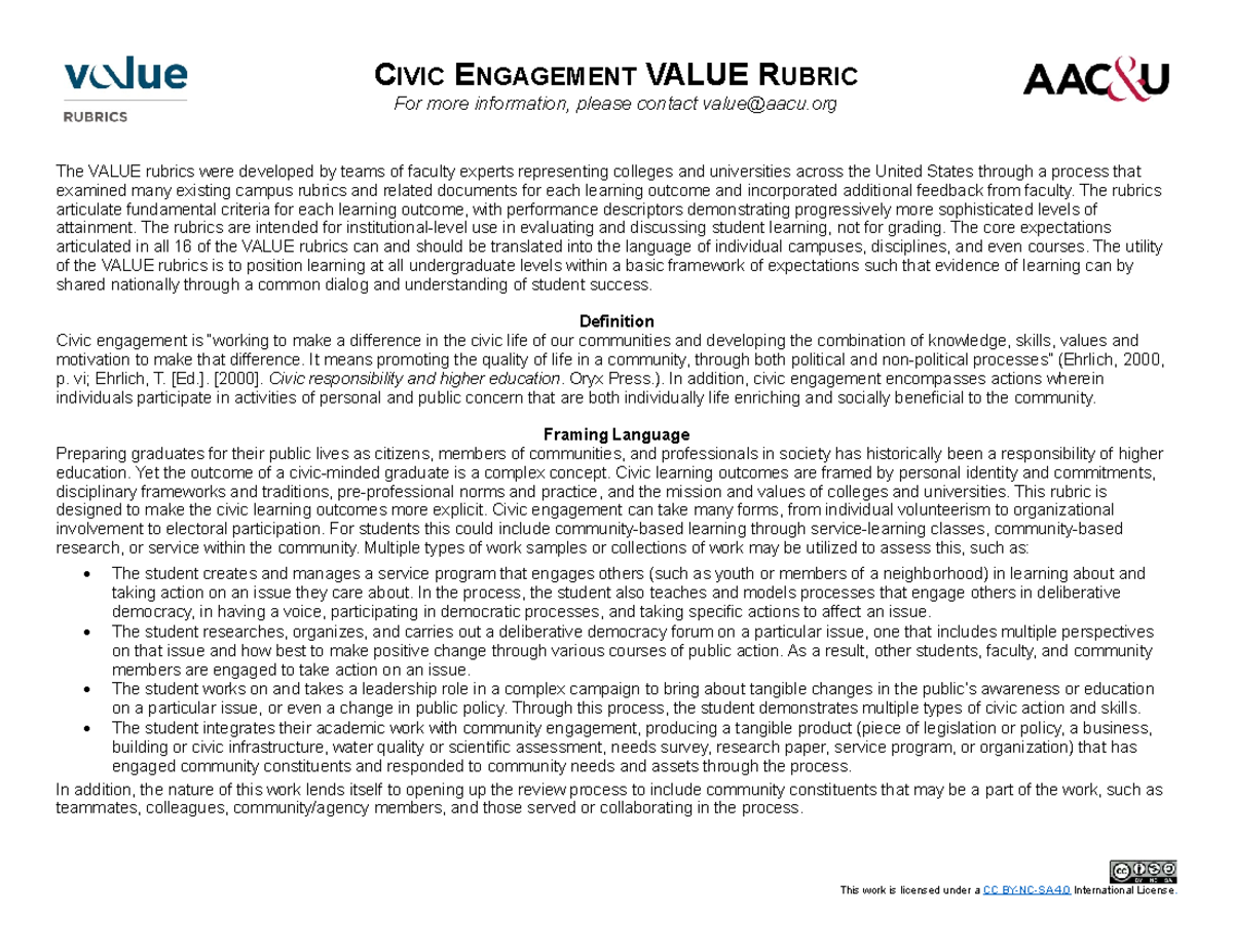 CIVIC ENGAGEMENT VALUE RUBRIC: Understanding Civic Learning Outcomes ...