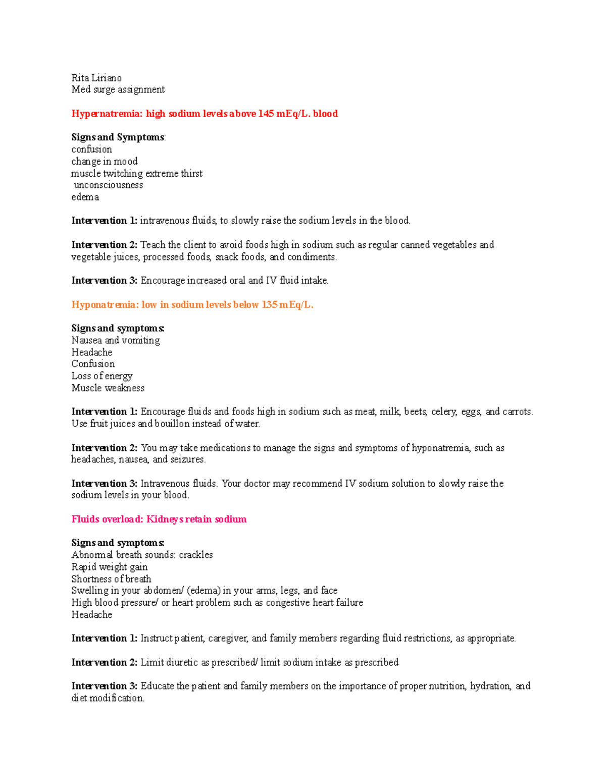 study guides nursing - Rita Liriano Med surge assignment Hypernatremia ...