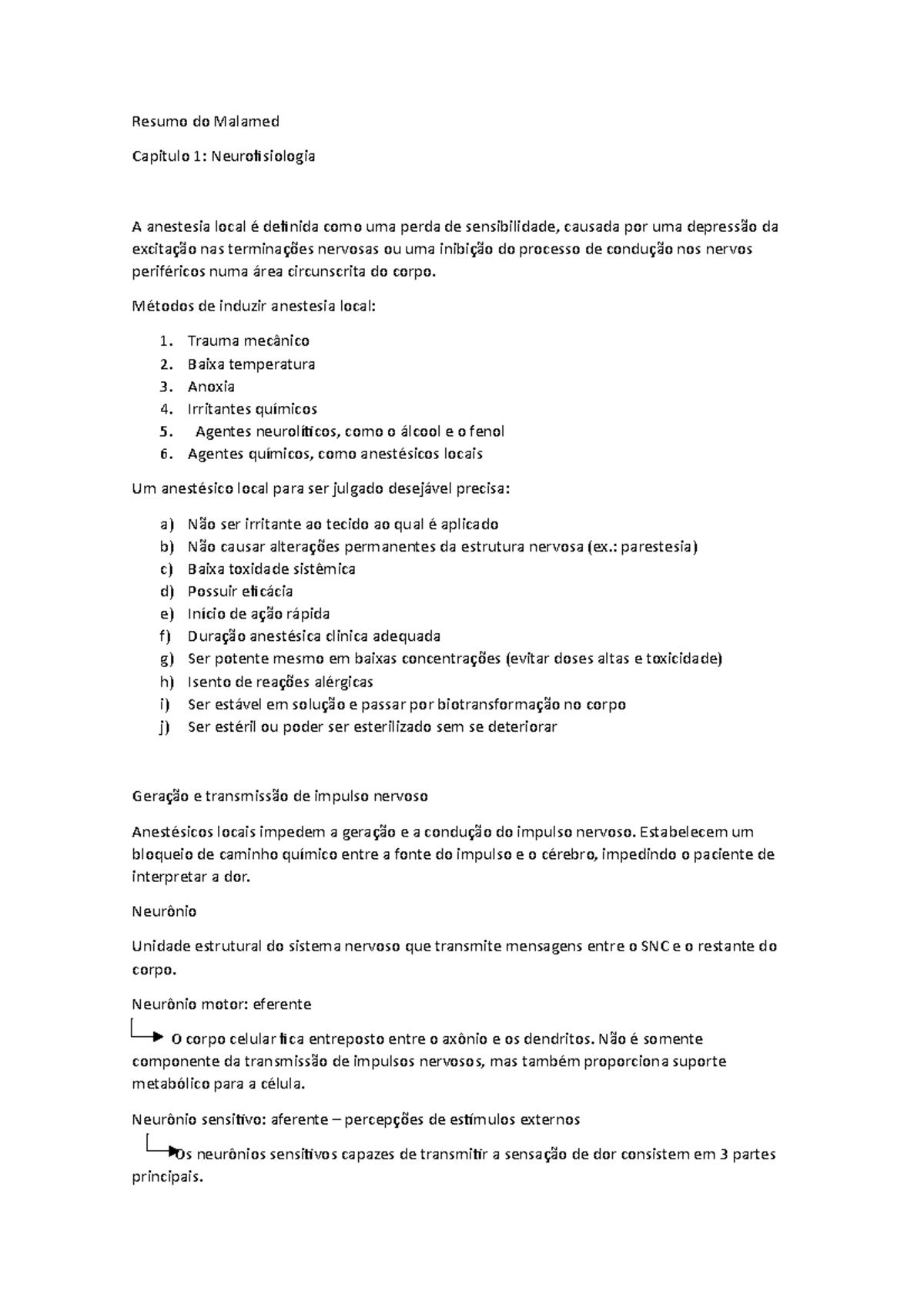 Resumo do Capítulo 1: Neurofisiologia da Anestesia Local - Malamed ...