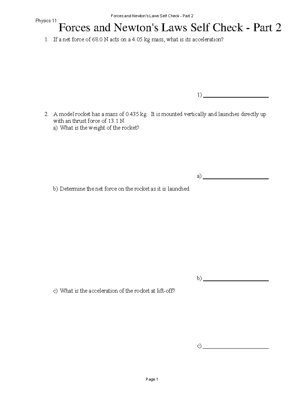 8 Forces Newtons Laws Self-Check Part 2 - Physics 11 If a net force of ...