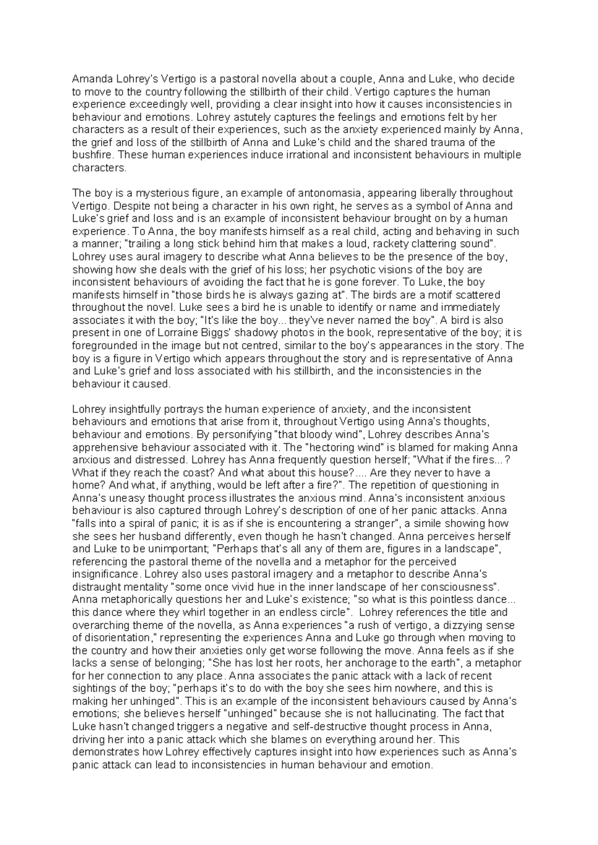 LIT101: Analysis of Inconsistent Behaviors in Lohrey's Vertigo Essay ...