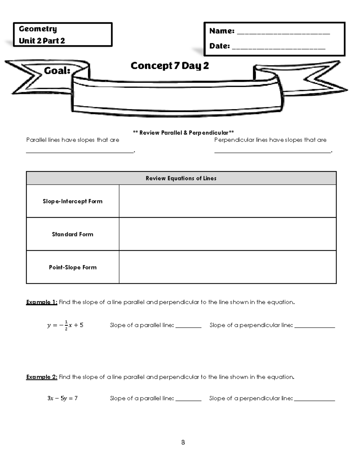 Geometry Unit 2: Concept 7 Day 2 Notes on Parallel & Perpendicular ...