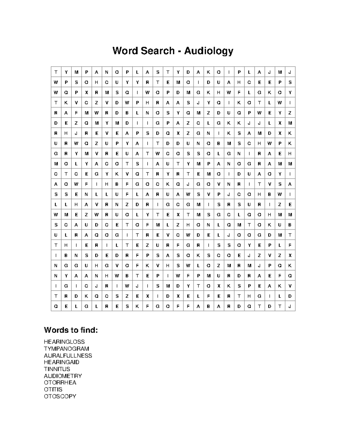 Word Search: Audiology Terms & Conditions (T Y M P A N O P L A S T Y ...