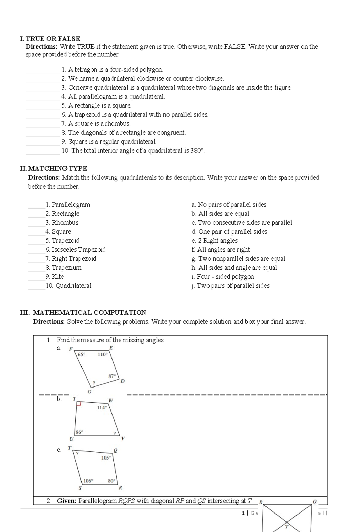 Geometry Quiz Review 3: True/False & Matching Types - Studocu
