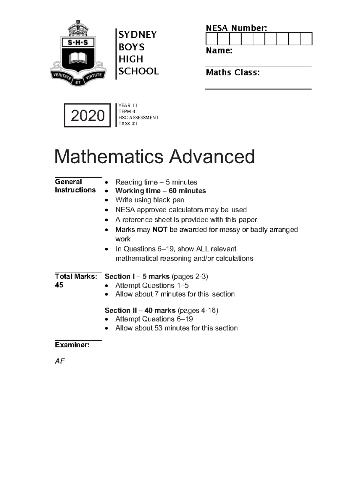 SBHS 2020 Year 11 Mathematics Advanced HSC Assessment Task 1 - Studocu