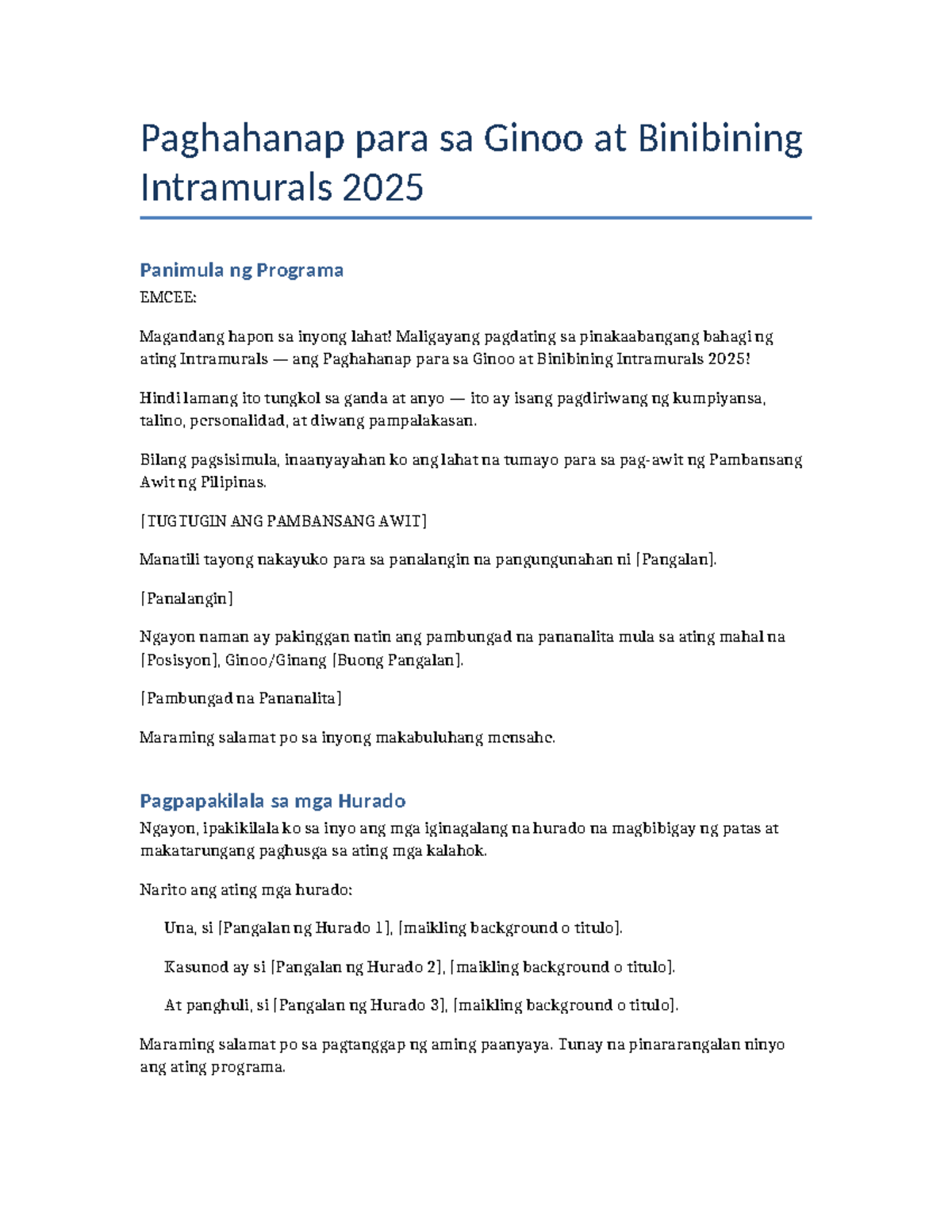 Ginoo at Binibining Intramurals 2025: Tagalog Script ng Programa - Studocu