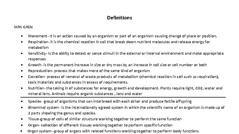 All Definitions - Biology Notes (MRS GREN) - Studocu