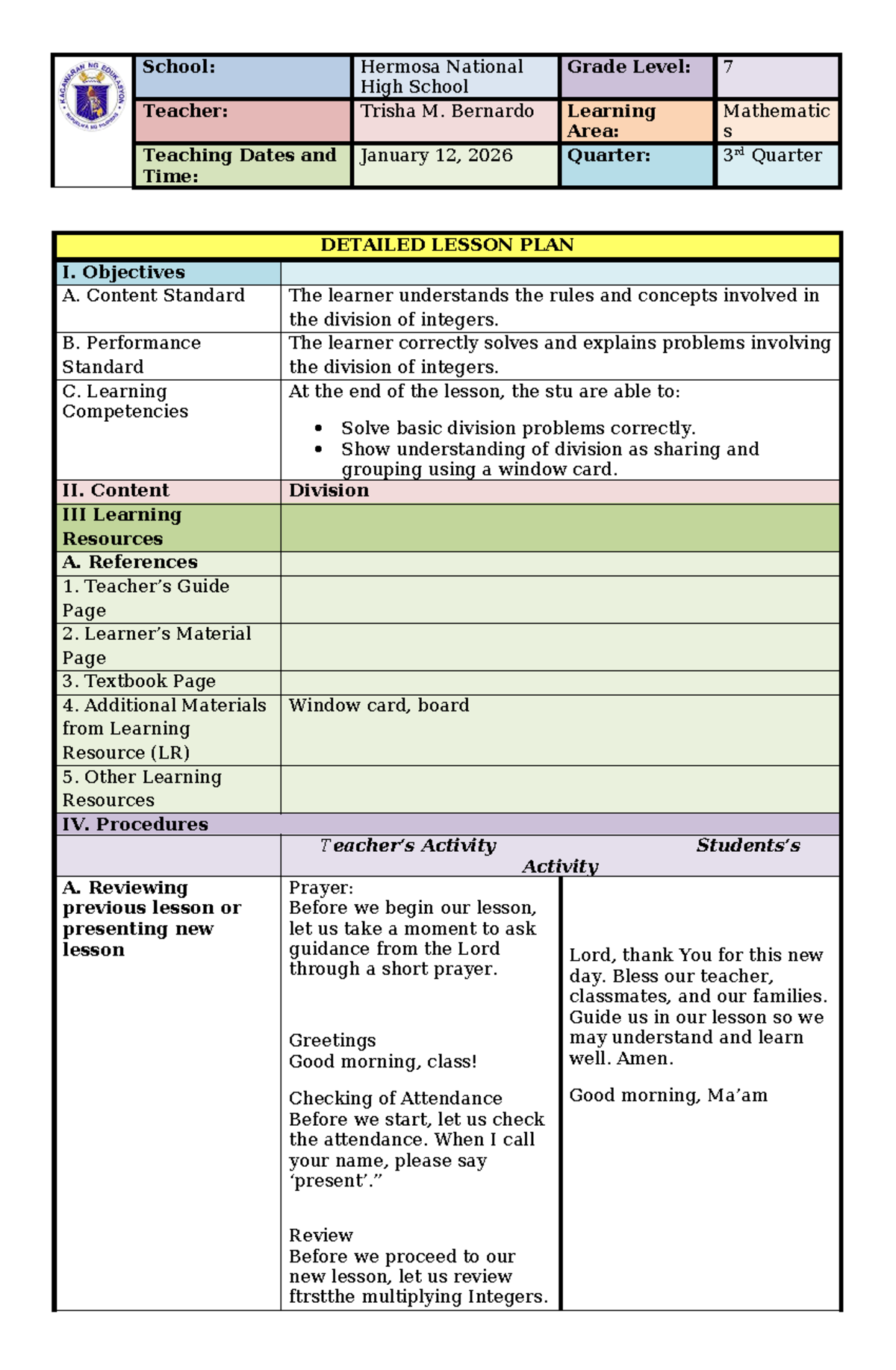 Detailed Lesson Plan for Grade 7 Math (3rd Qtr) - Jan 12, 2026 - Studocu