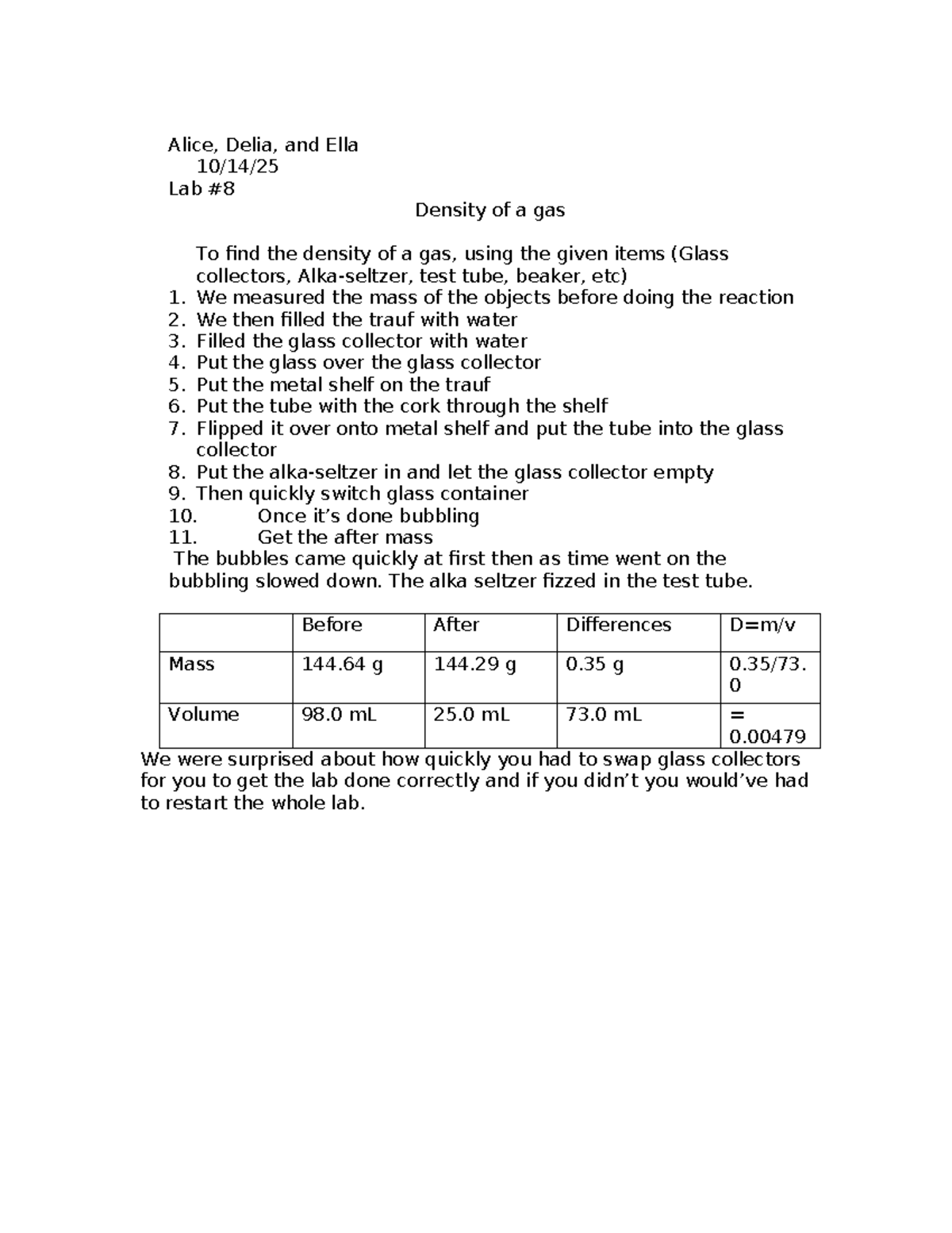 Lab Experiment: Density of a Gas - Alice, Delia, Ella - Studocu