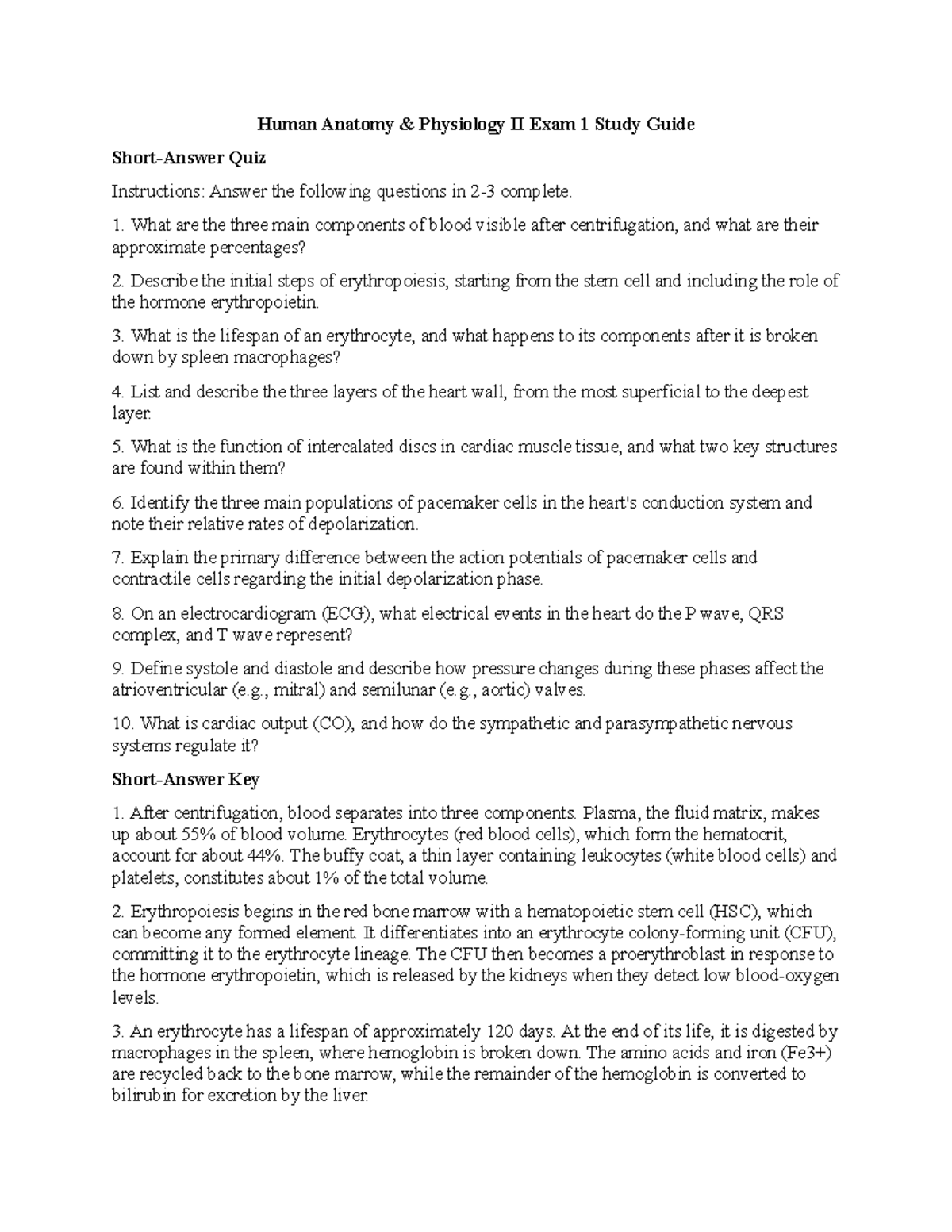 Human Anatomy & Physiology II Exam 1 Study Guide Notes - Studocu