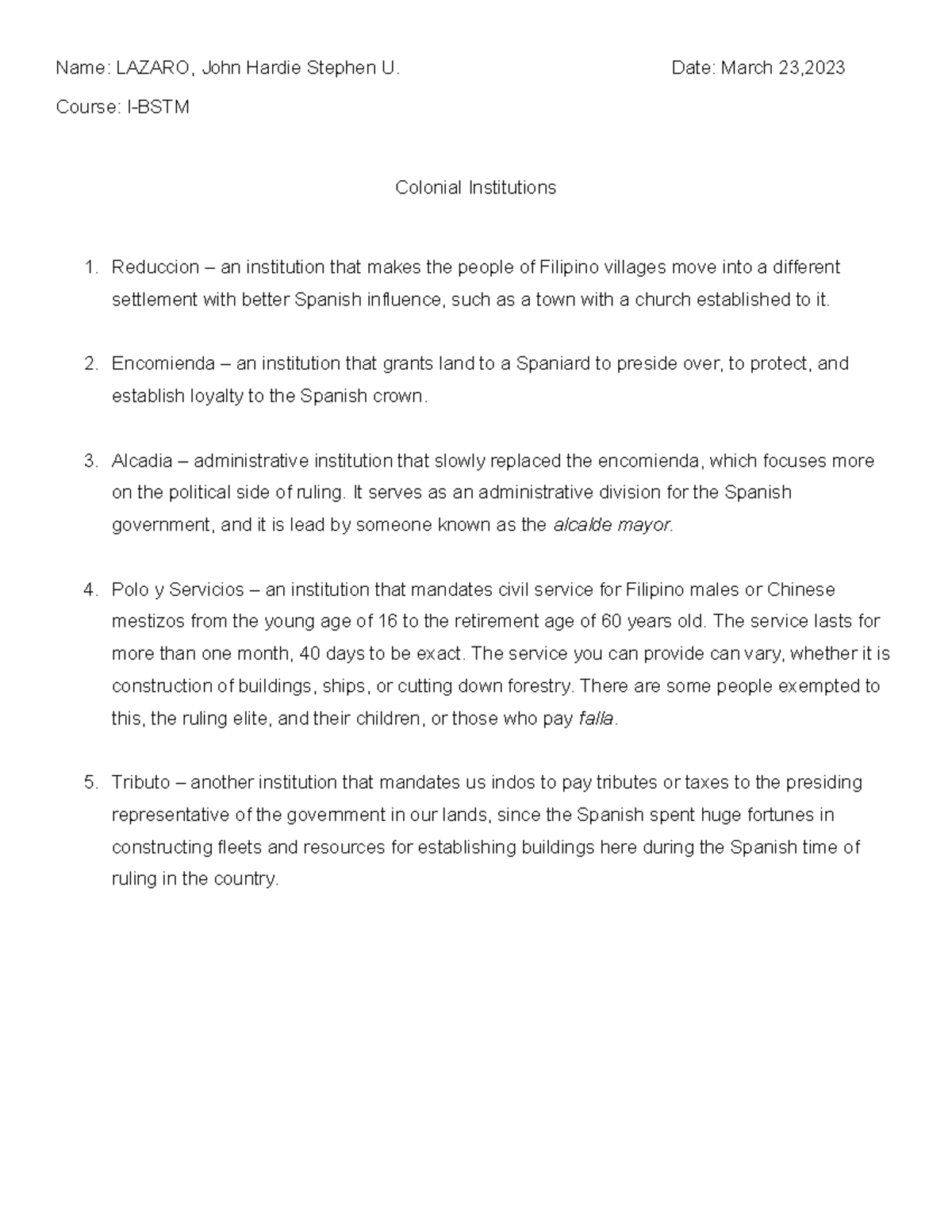 Colonial Institutions 1: Key Concepts and Definitions - Studocu