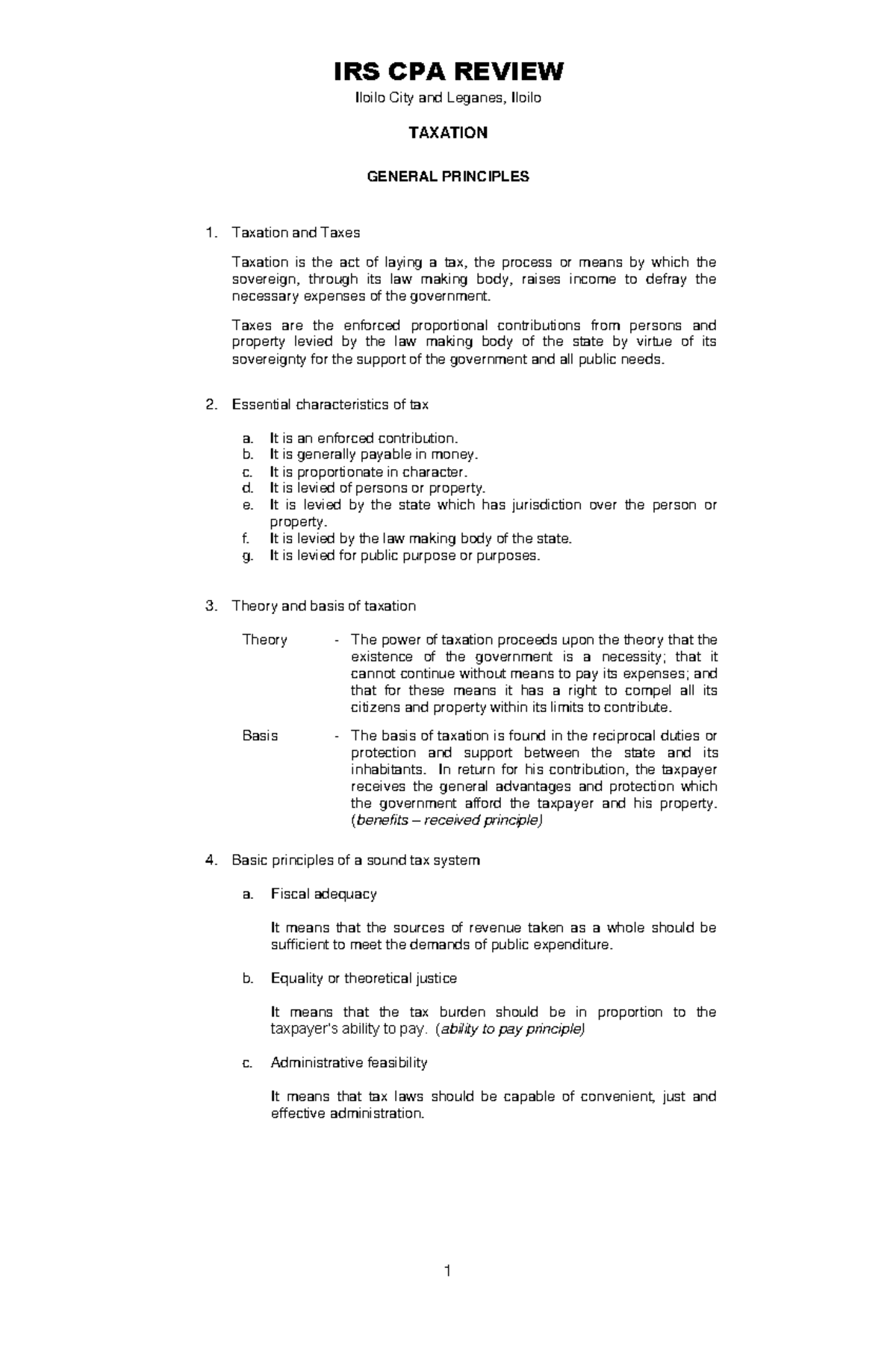 Taxation General Principles (TAX 101) - Comprehensive Review Notes ...