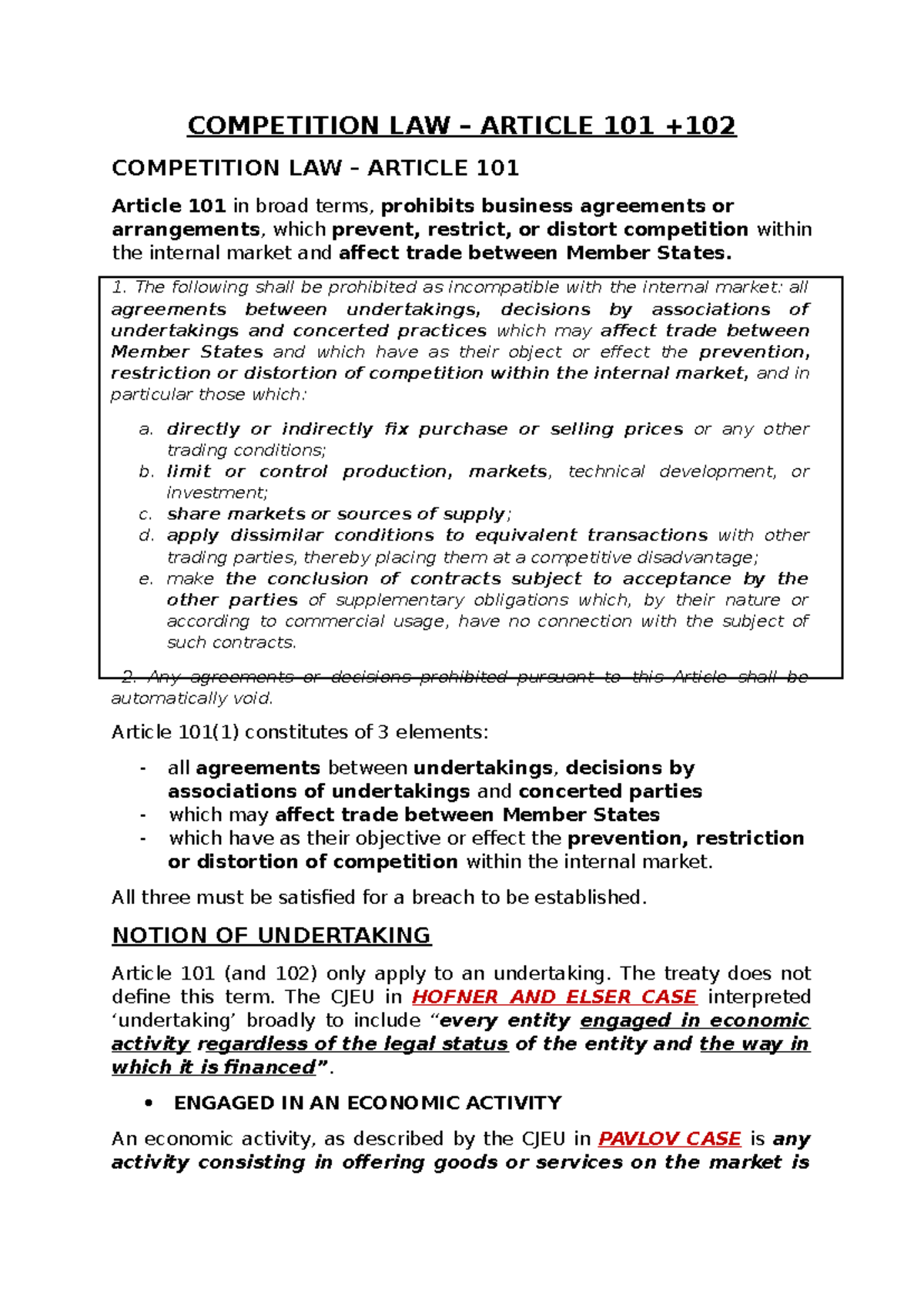 EU Law Notes - Competition Law Overview & Article 101 Explained - Studocu