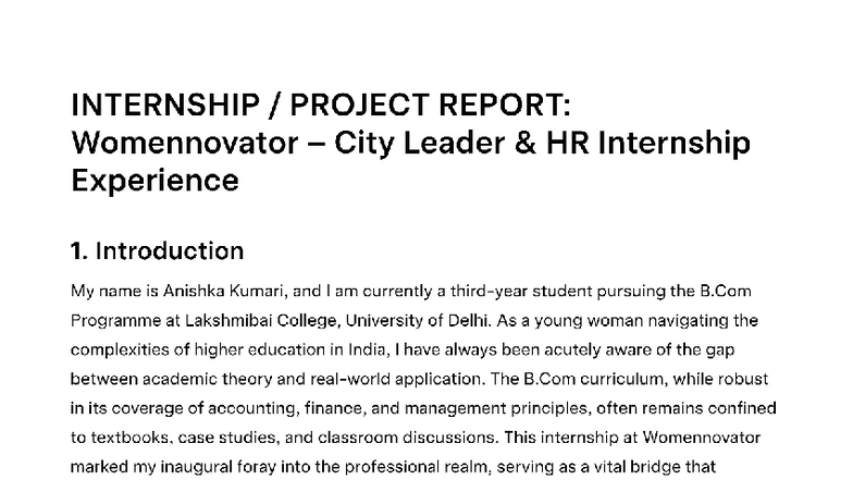 B.Com Internship Project Report: Womennovator HR Experience Insights ...