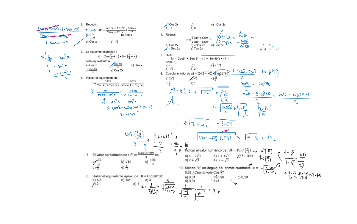 5TO Trigo - Ejercicios de Reducción y Equivalencias - Studocu