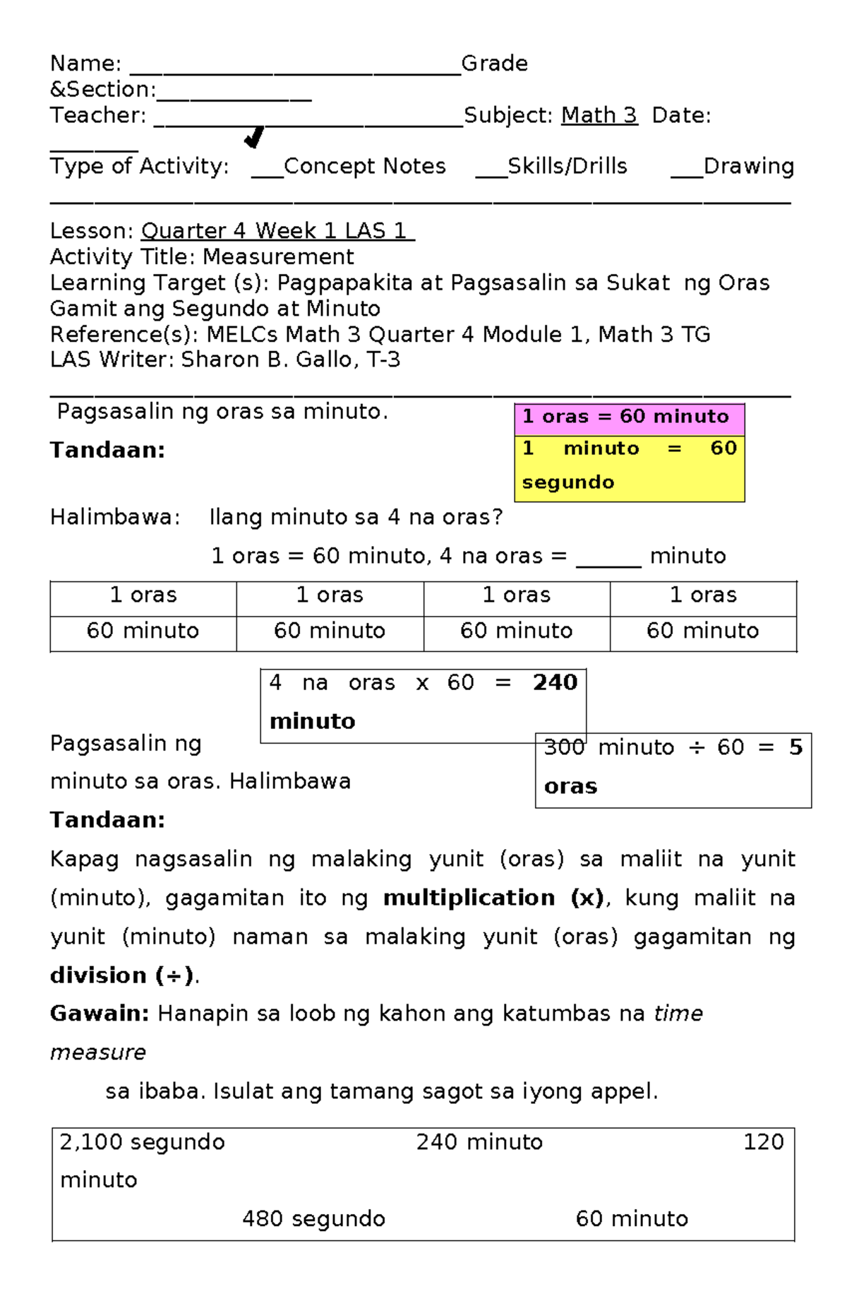 MATH 3 Q4 W1 LAS 1: Measurement Concepts and Time Conversion Activities ...