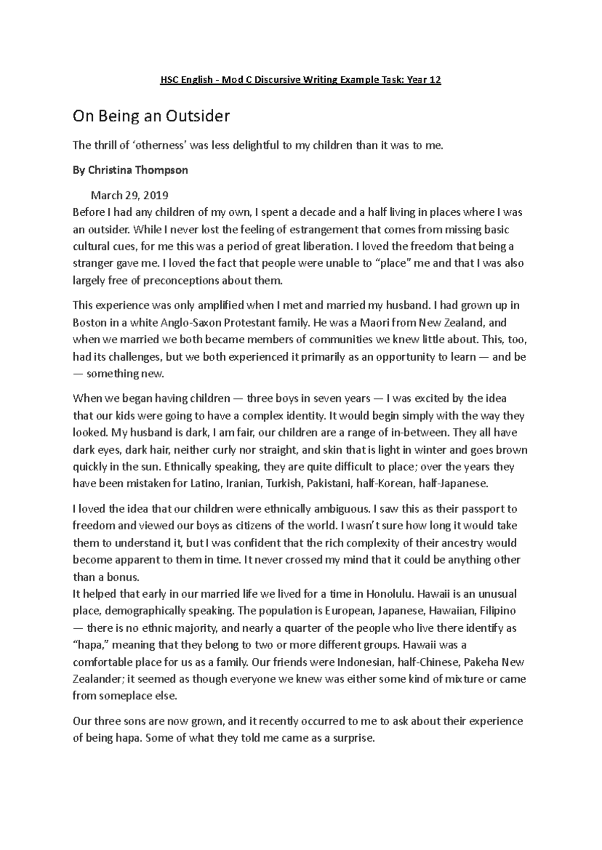 HSC English Mod C: Discursive Writing on Being an Outsider - Studocu