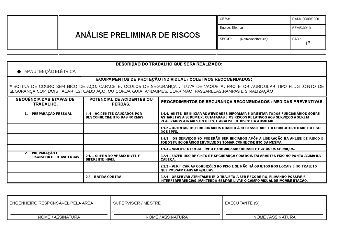 APR-NR10-2 - Instruções para Preencher a Análise Preliminar de Riscos ...