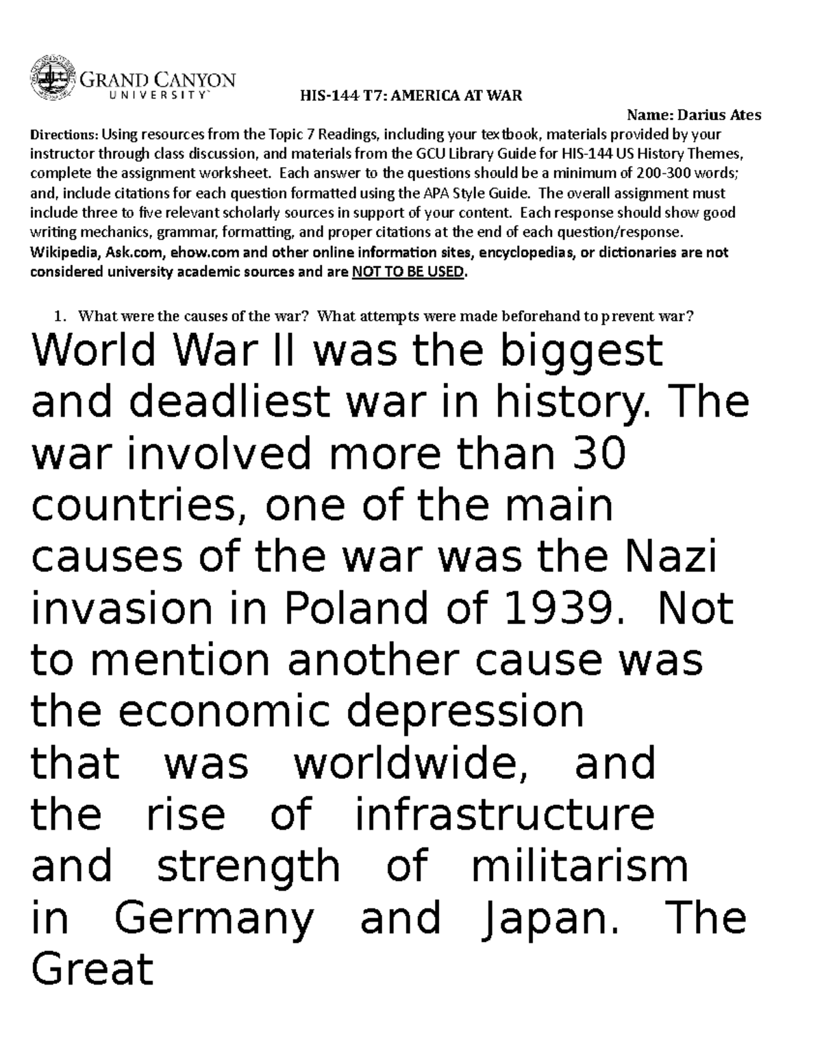 HIS-144 T7: Causes, Outcomes, and Impact of America at War - Studocu
