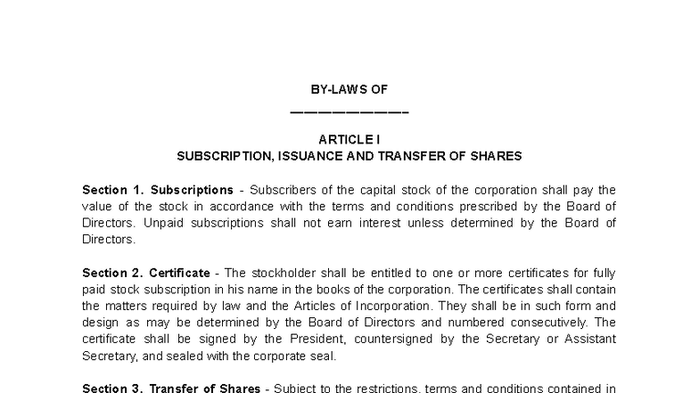 Bylaws of Corporation: Subscription, Issuance & Transfer of Shares ...