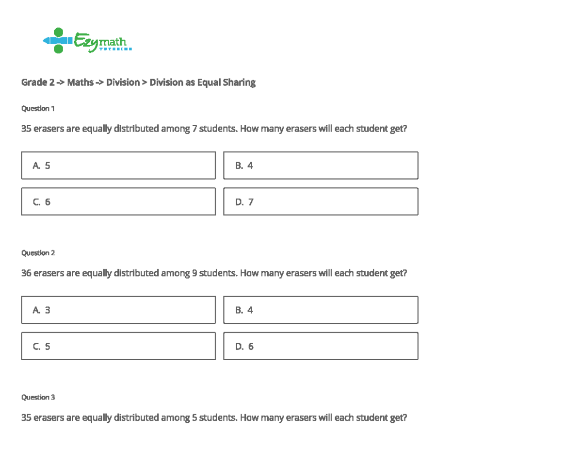 Year 2 - Maths Worksheet - Division - Equal Sharing Concepts - Studocu