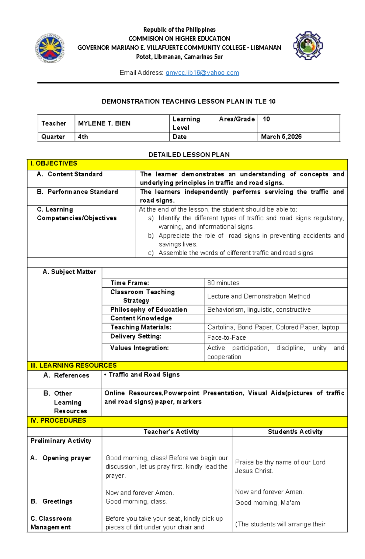 TLE 10 Quarter 4 Detailed Lesson Plan: Traffic and Road Signs - Studocu