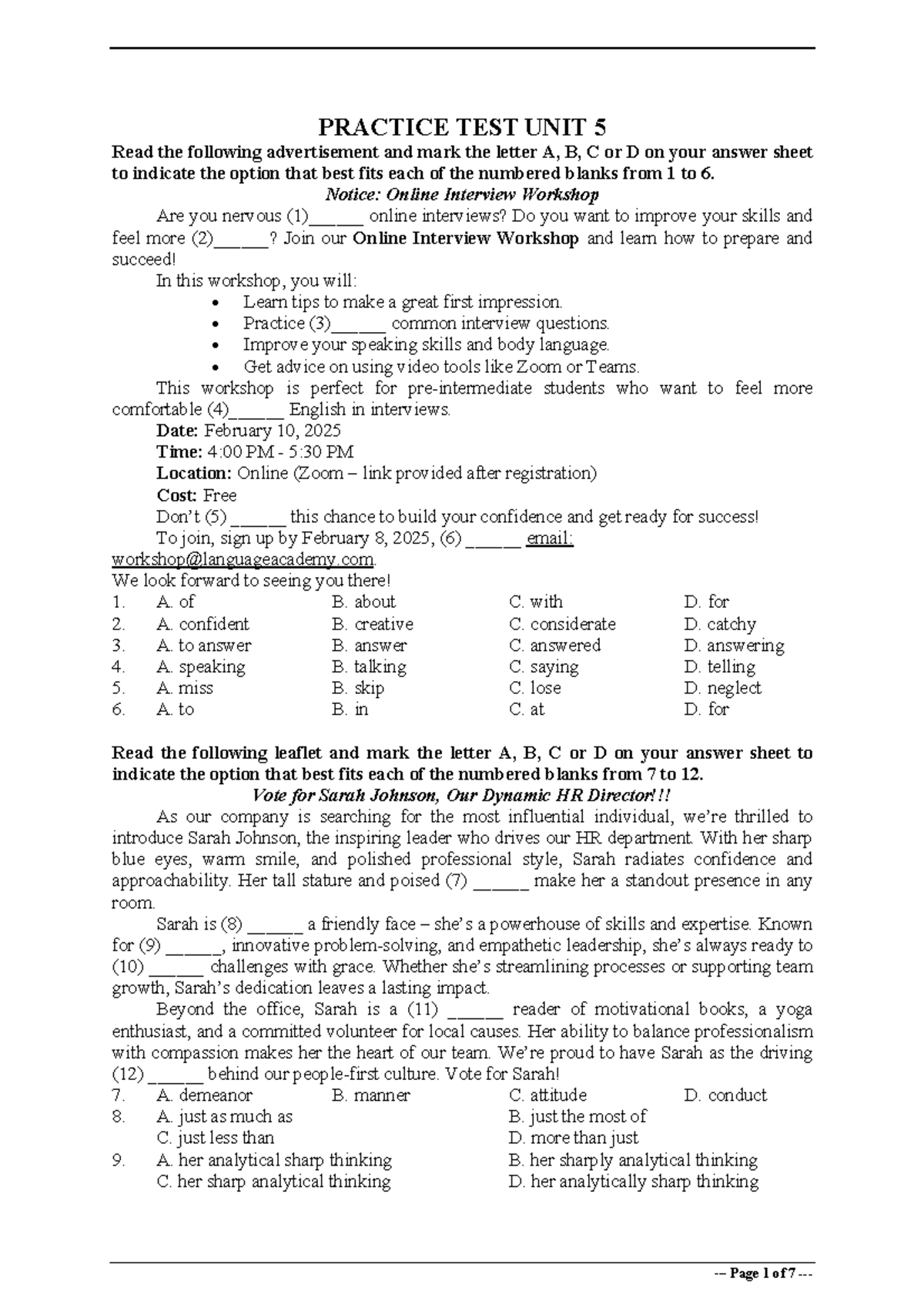 Friends Global - Practice Test Unit 5 - 2025 Format - Studocu