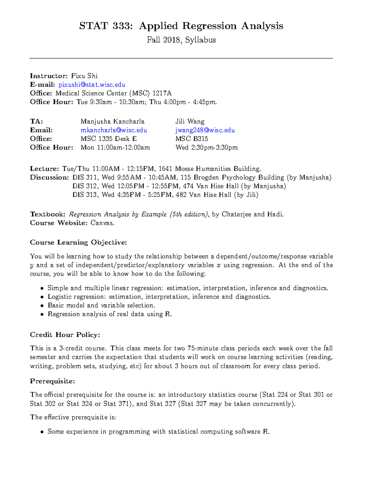 STAT333 - Applied Regression Analysis Fall 2018 Syllabus - Studocu