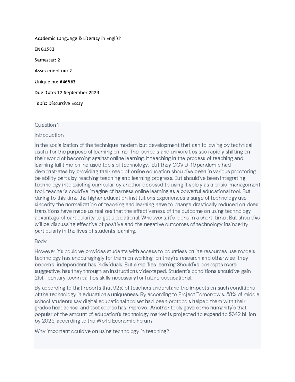 Discursive Essay on Academic Language Literacy in ENG1503 Assignment 2 - Studocu