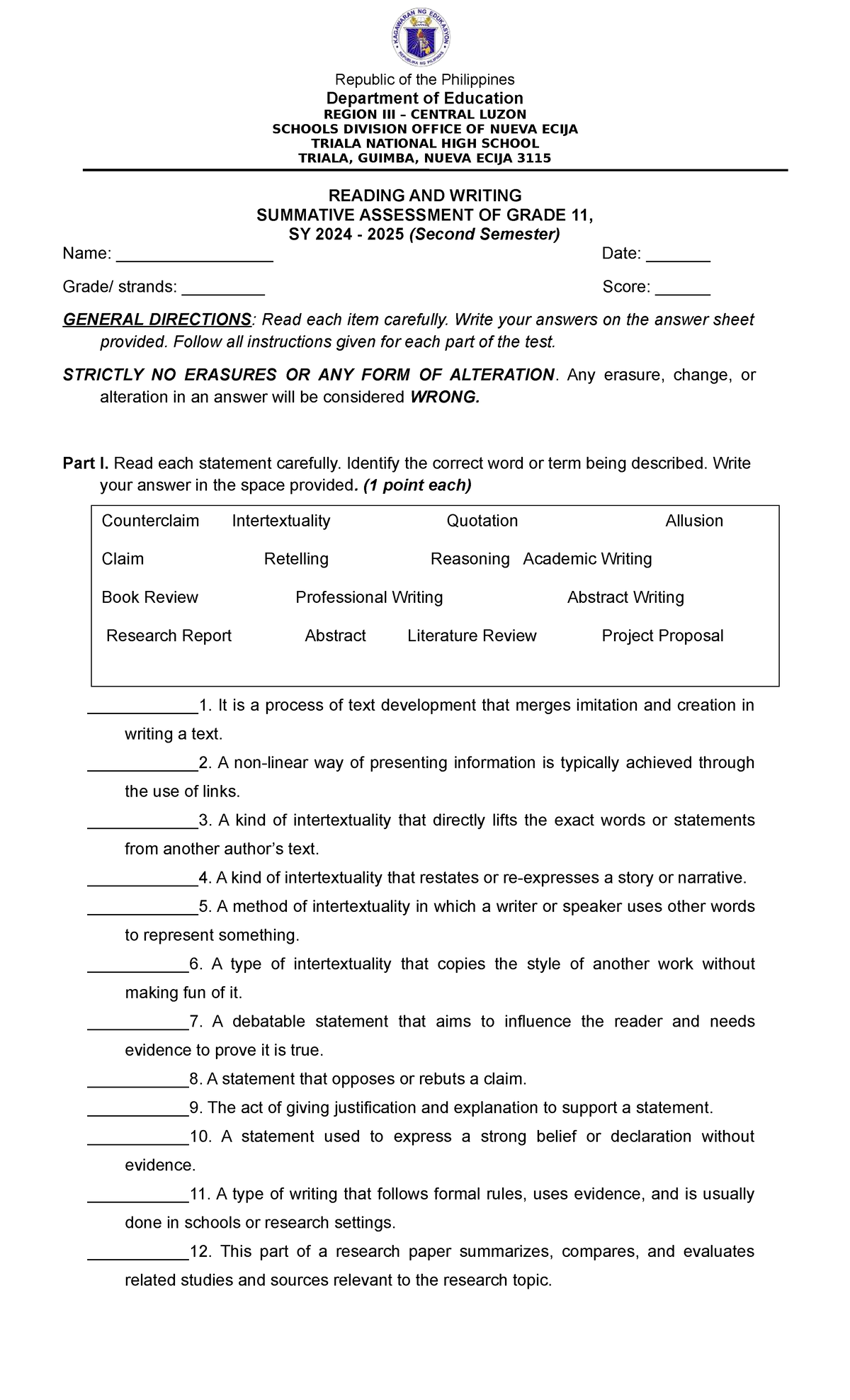 Grade 11 Reading and Writing Summative Assessment (SY 2024-2025) - Studocu