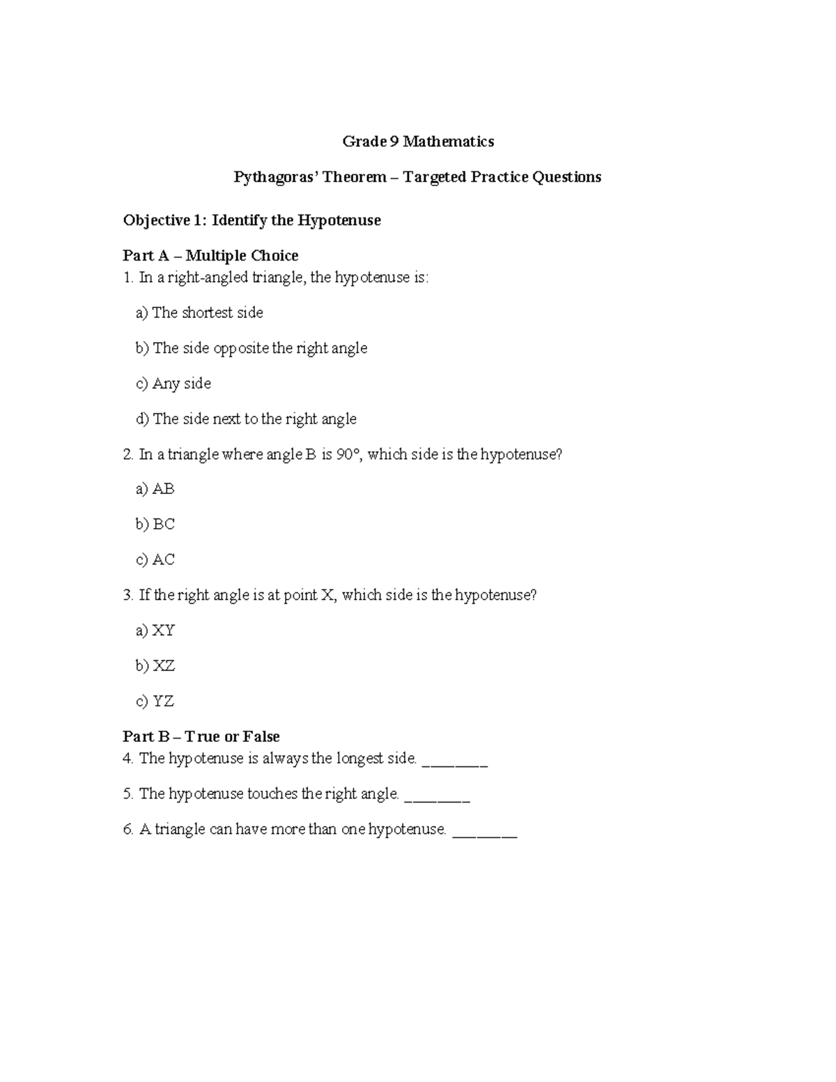 Grade 9 Math: Pythagorean Theorem Practice Questions - Studocu