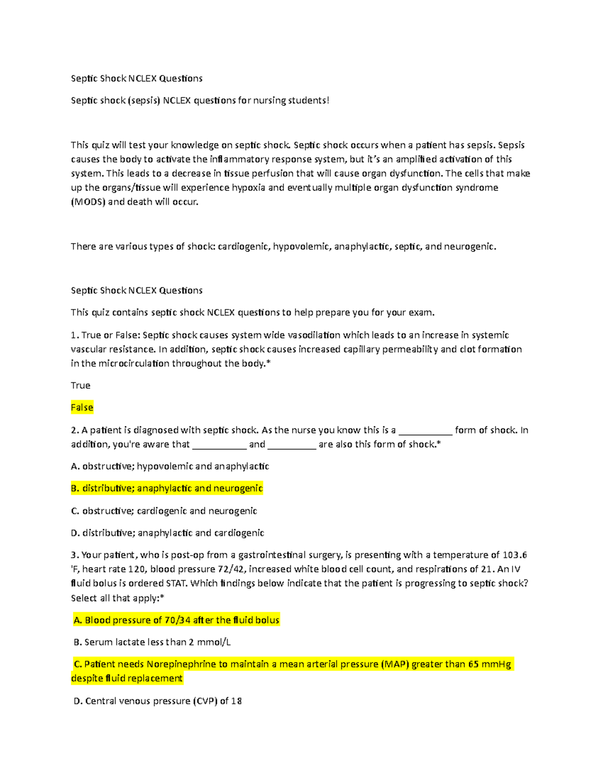 Septic Shock NCLEX Quiz: Prepare for Nursing Success - Studocu