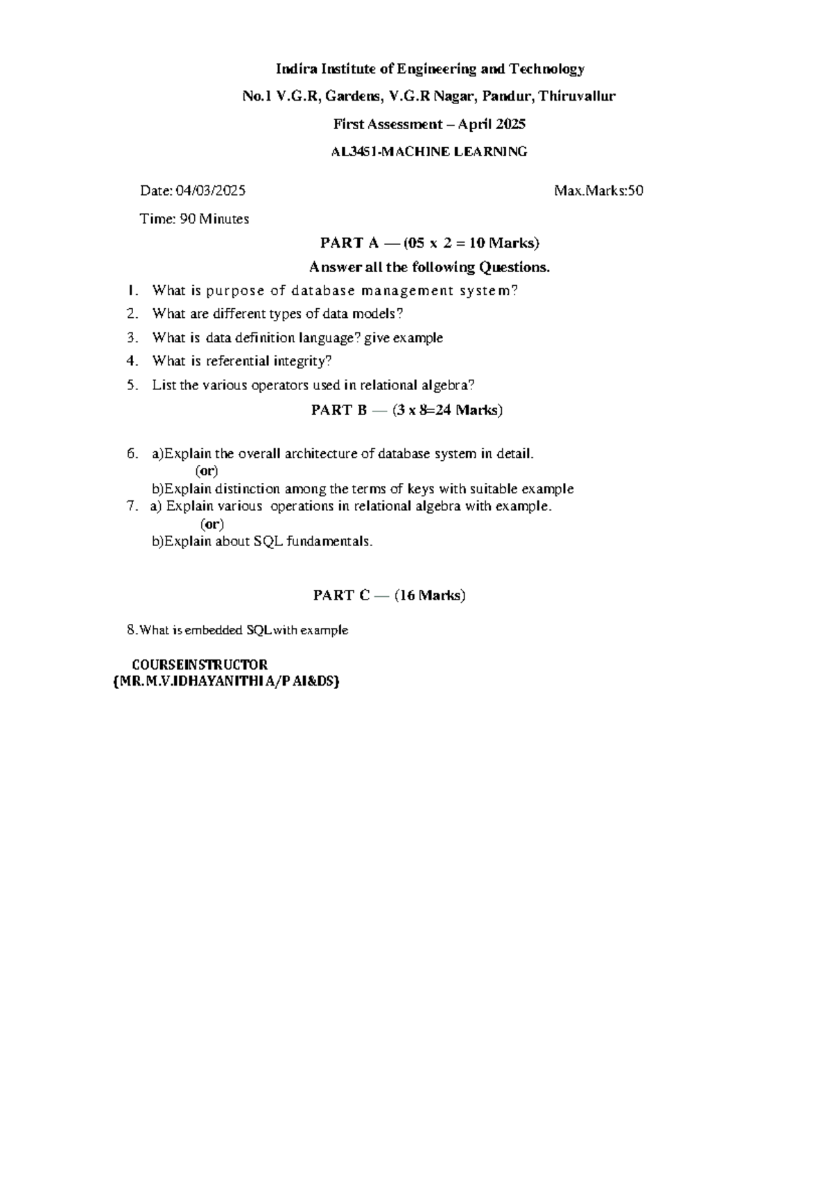 AL3451 Machine Learning Question Paper (1) - Indira Institute of ...