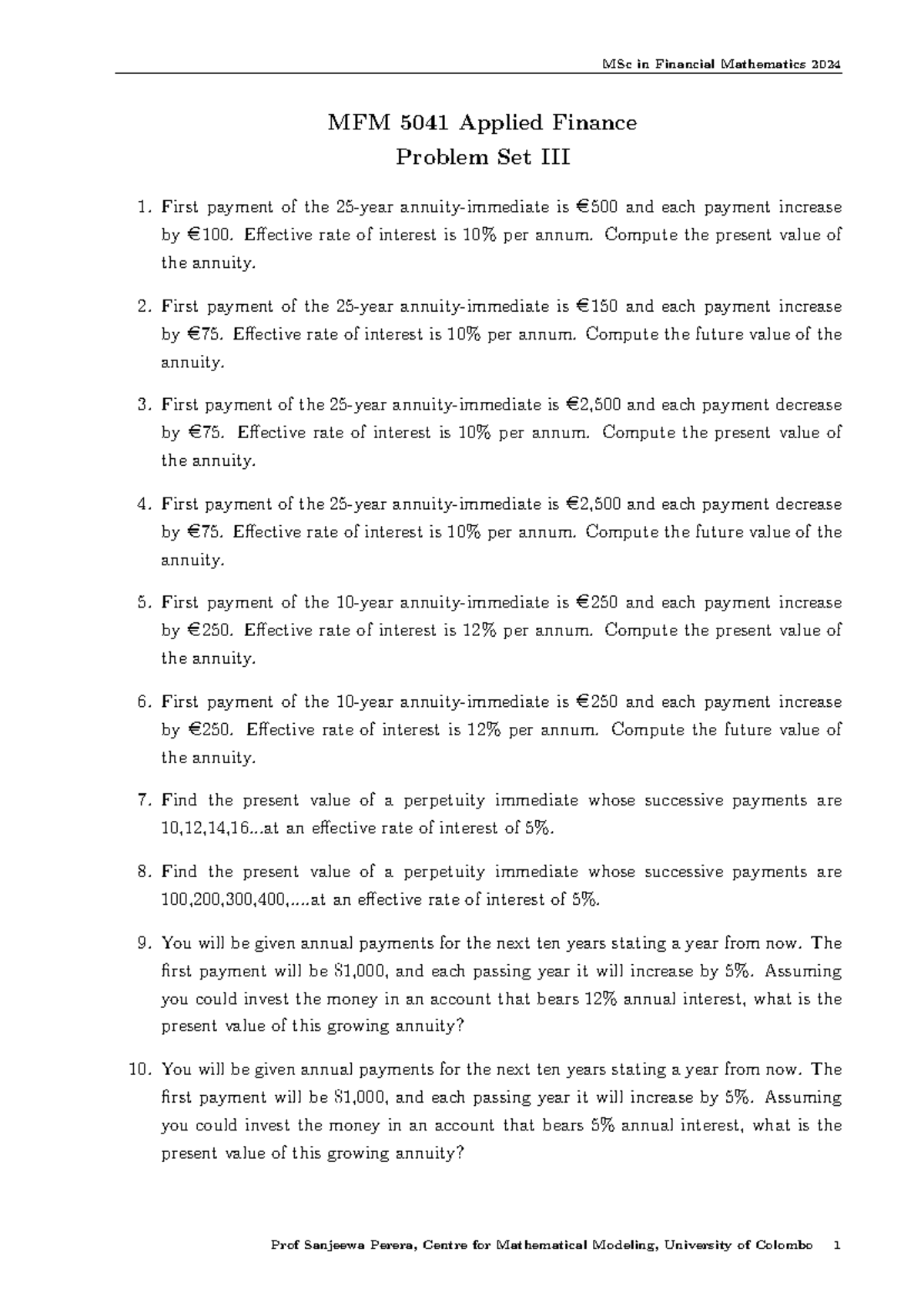 MFM 5041 Applied Finance Problem Set 1: Annuity Calculations - Studocu