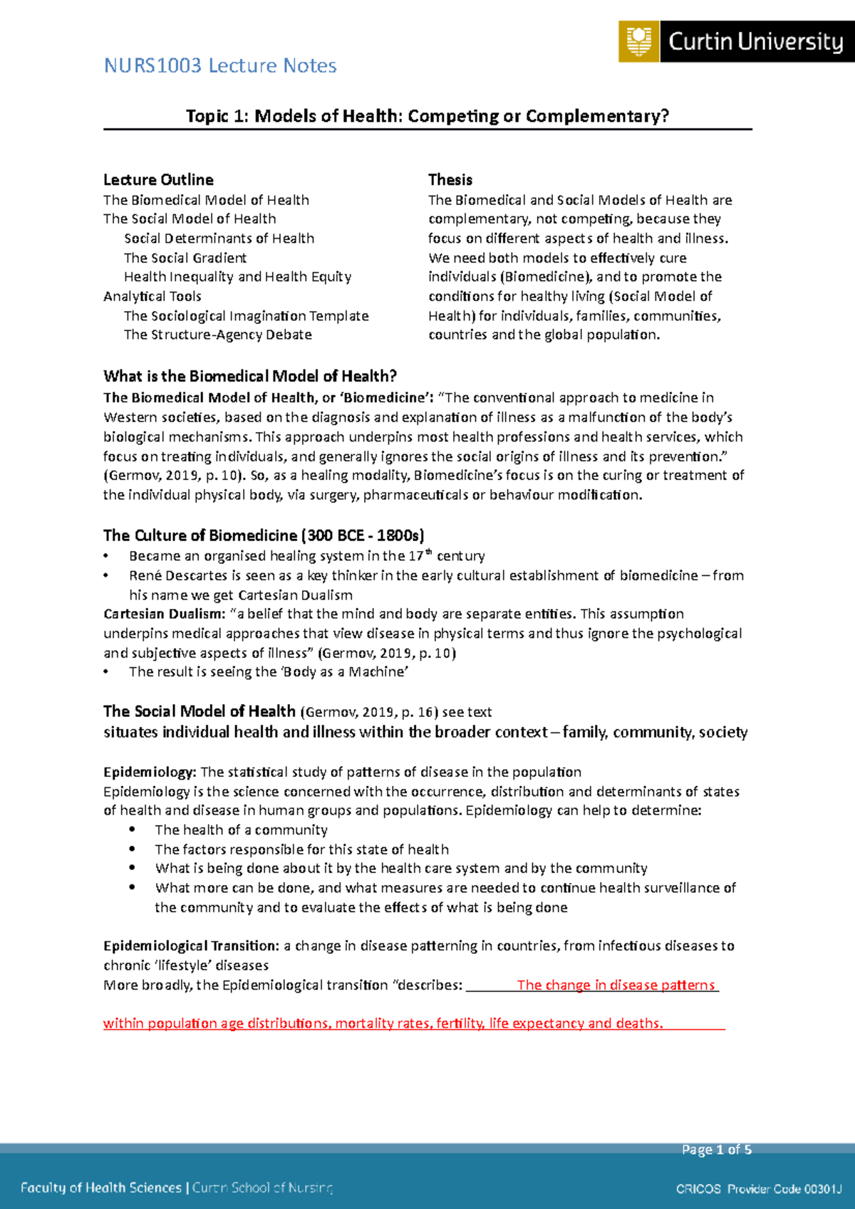 NURS1003 - Topic 1 Models of Health - Topic 1: Models of Health ...