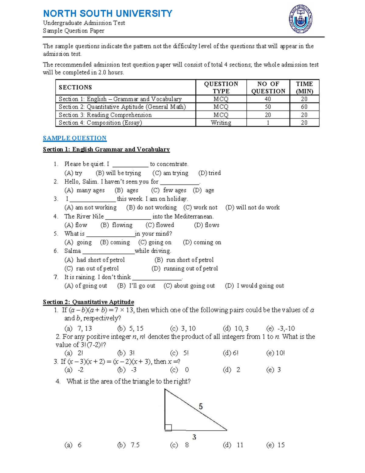 NSU Admission Test Sample Qs: English, Math, Comp & Essay Sections ...