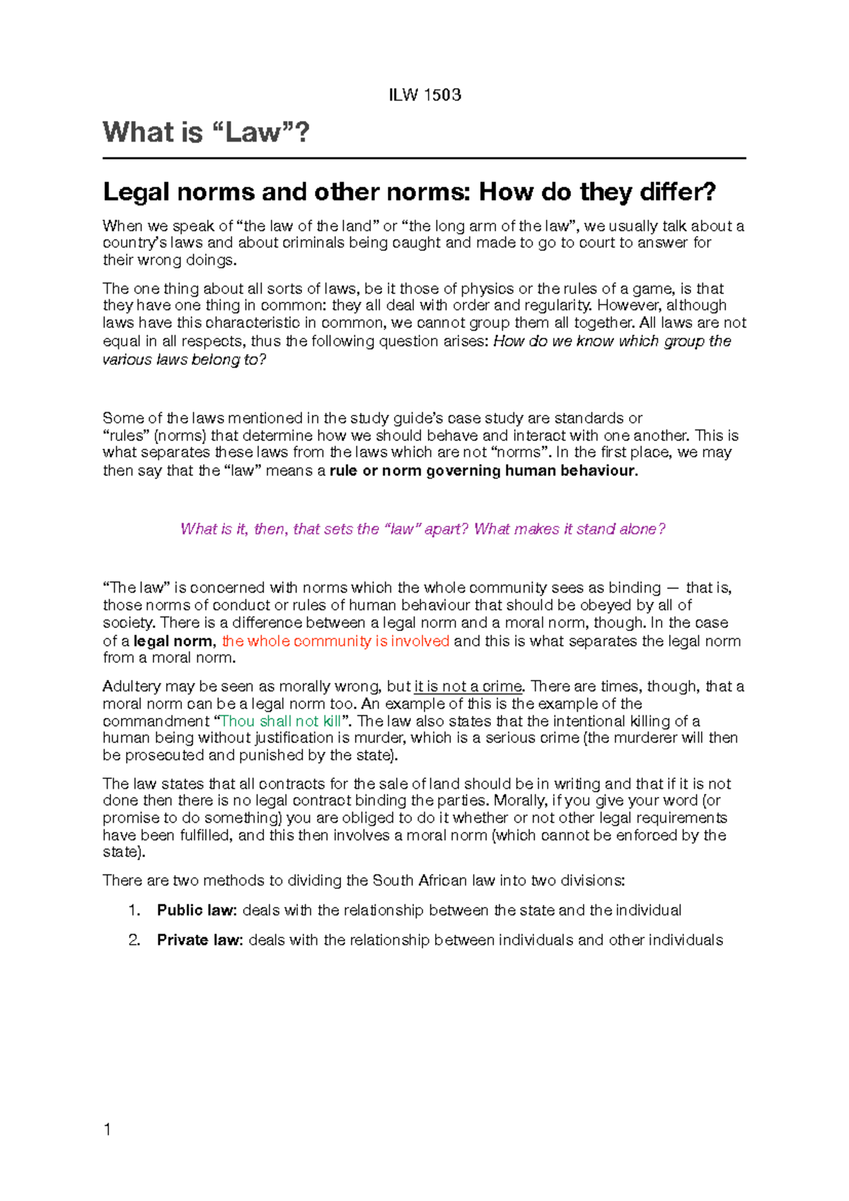 Law and Legal Norms: Summary of Study Unit 1 from ILW 1501 Guide - Studocu
