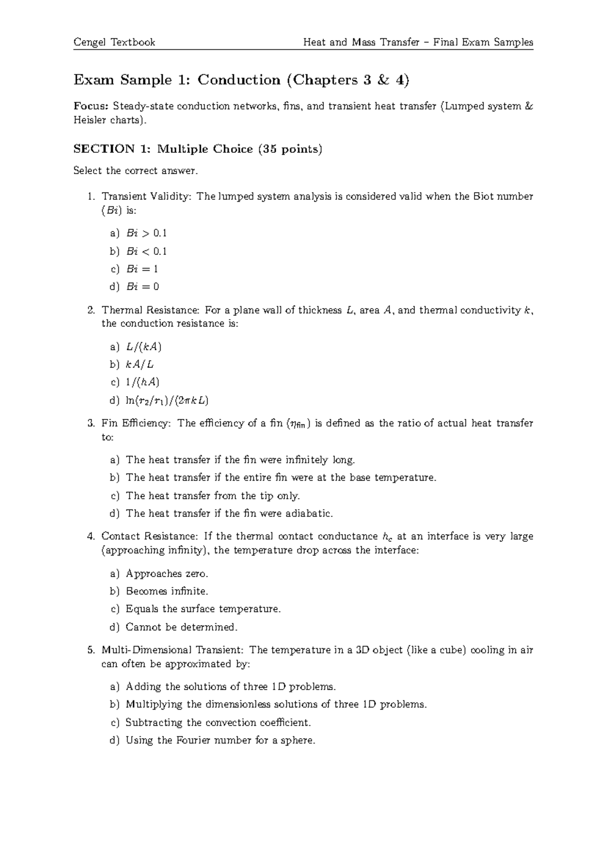 CENGEL 352 Heat & Mass Transfer Final Exam Practice Material - Studocu