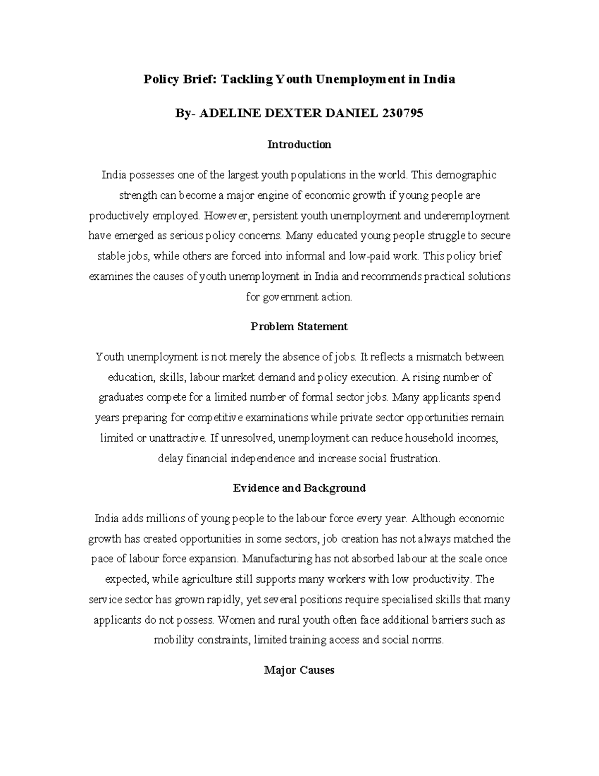 Policy Brief: Addressing Youth Unemployment in India (ADELINE DEXTER ...