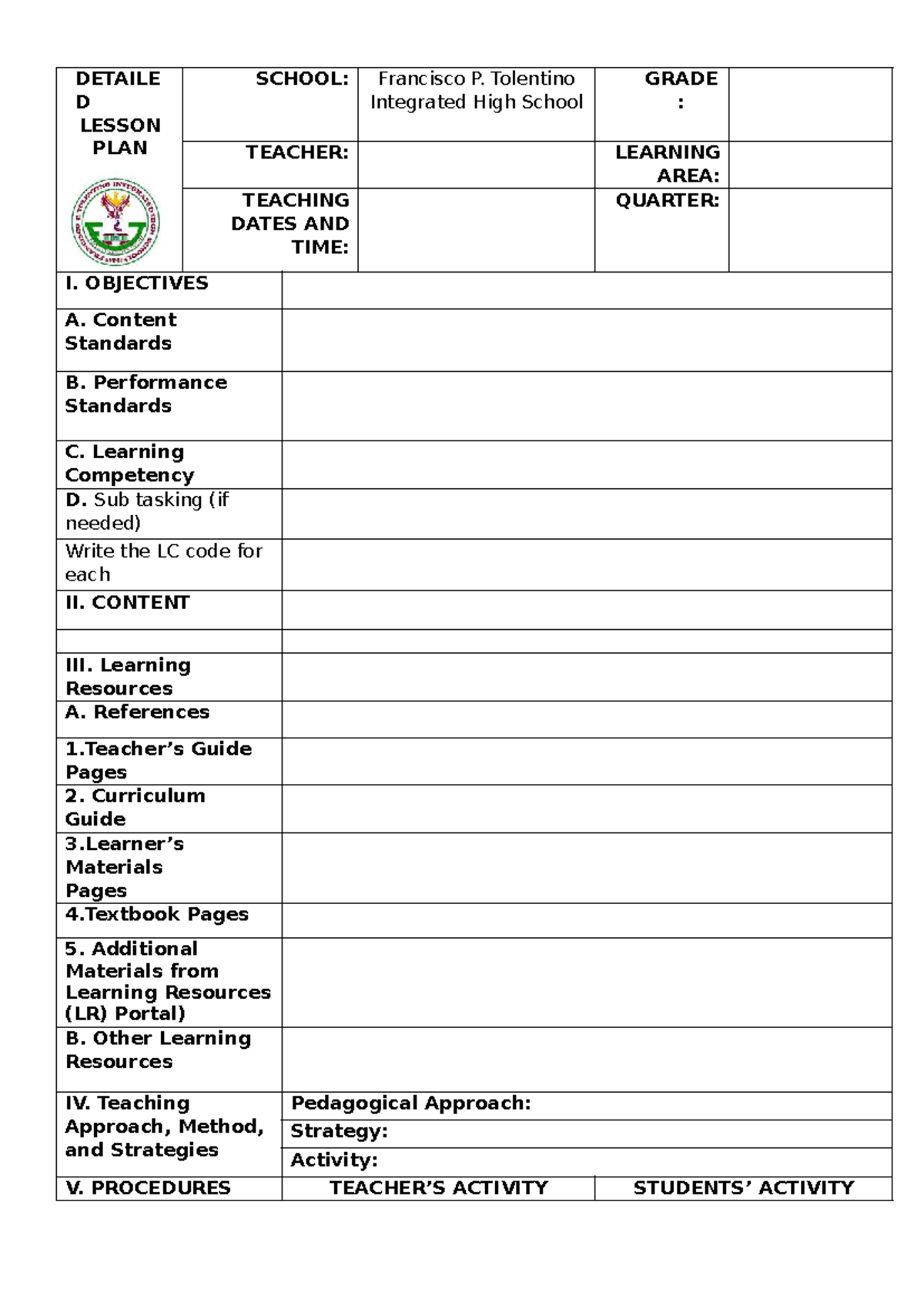 Detailed Lesson Plan (DLP) for Francisco P. Tolentino High School - Studocu