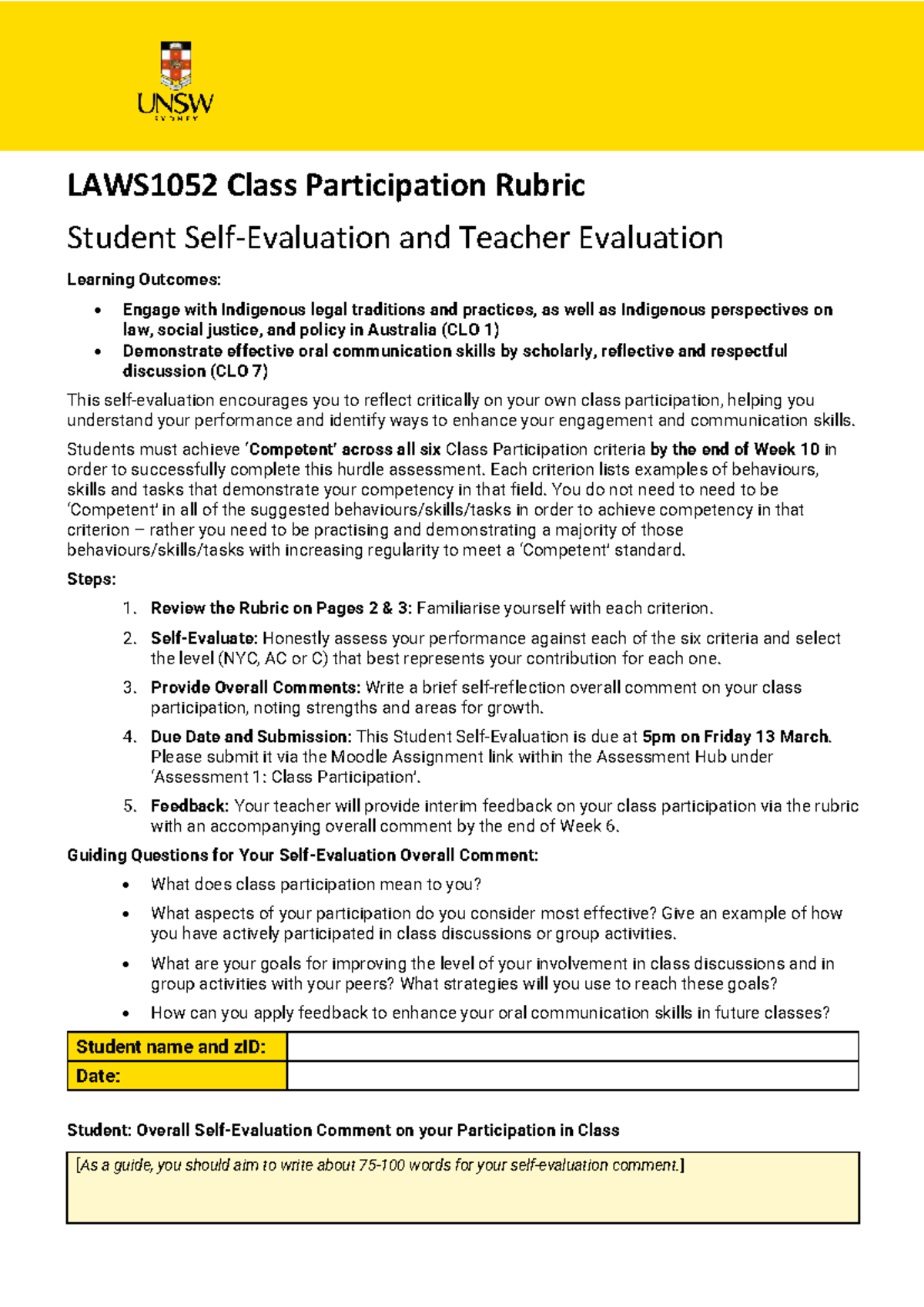 LAWS1052 Class Participation Self-Evaluation & Teacher Feedback T1 2026 ...