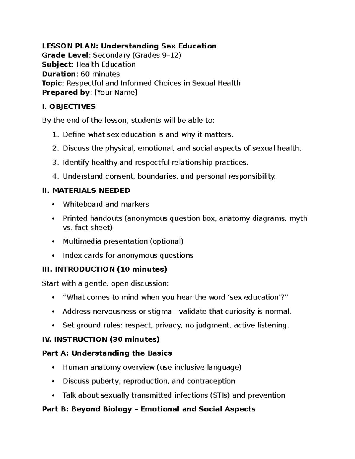 SEX ED - LESSON PLAN on Informed Choices in Sexual Health - Studocu