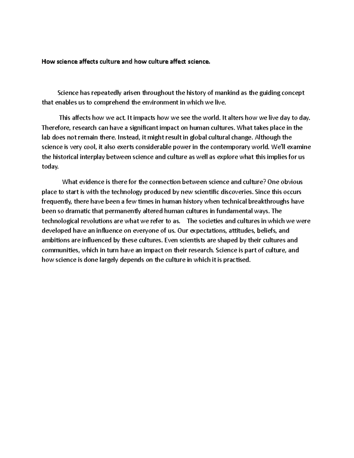 Essay: The Interplay of Science and Culture in Society - Studocu
