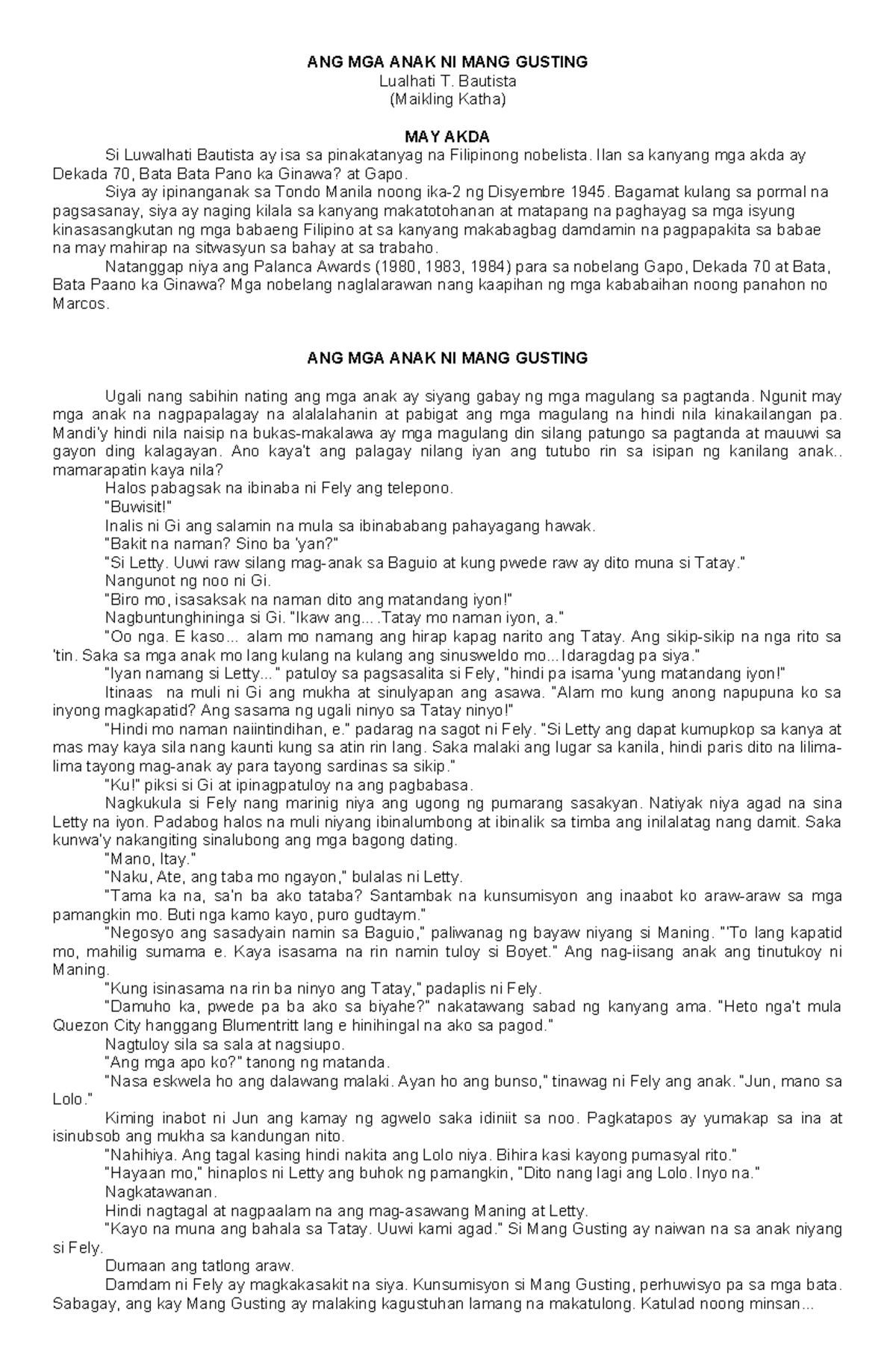 ANG MGA ANAK NI MANG GUSTING: Isang Pagsusuri sa Relasyon ng Magulang ...